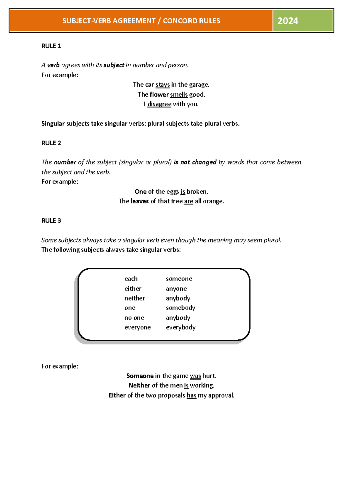 Concord Rules - RULE 1 A verb agrees with its subject in number and ...