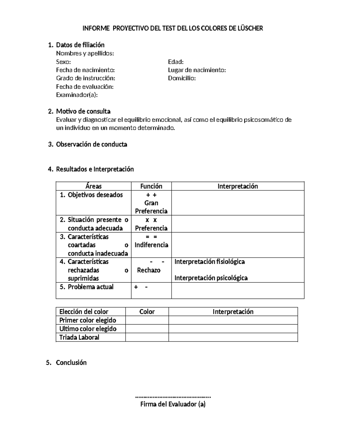 Modelo DE Informe DEL TEST DE Luscher - INFORME PROYECTIVO DEL TEST DEL ...