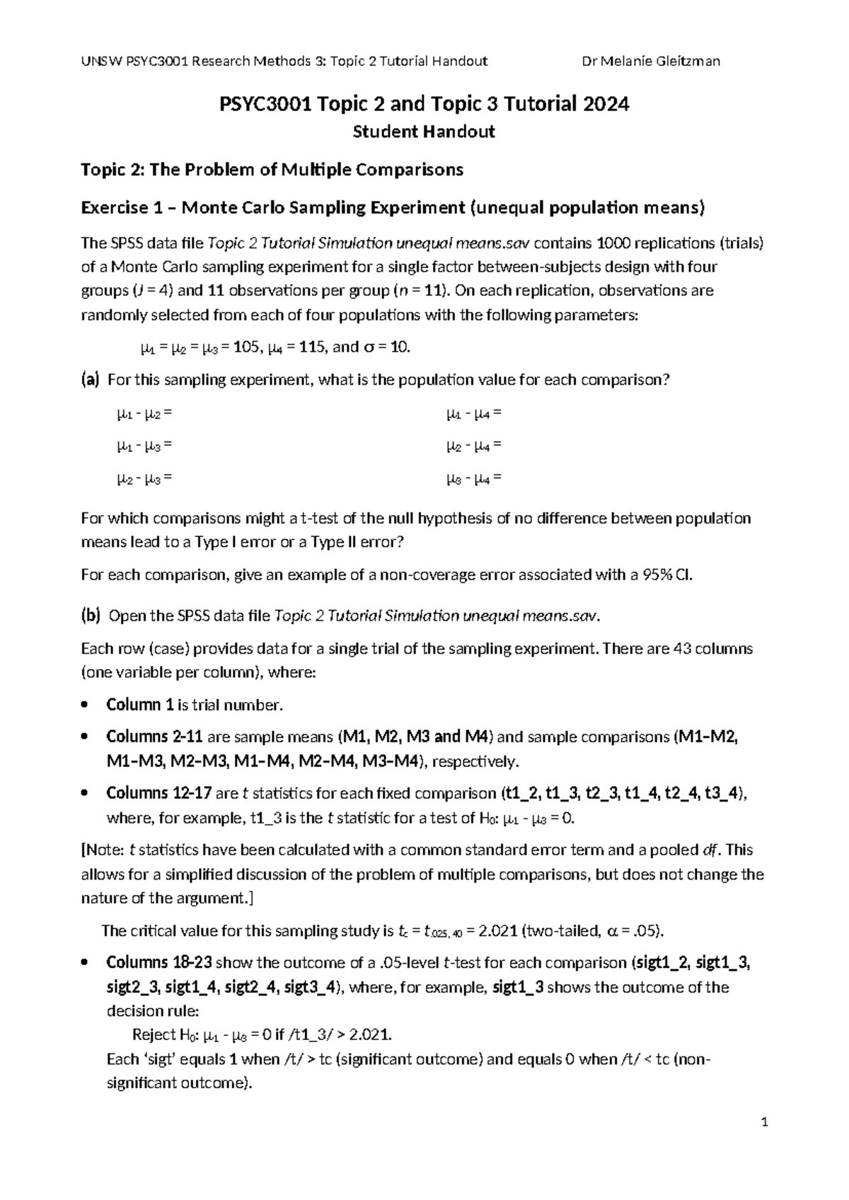 PSYC3001 Topics 2 and 3 Tutorial Handout 2024 - PSYC3001 Topic 2 and ...