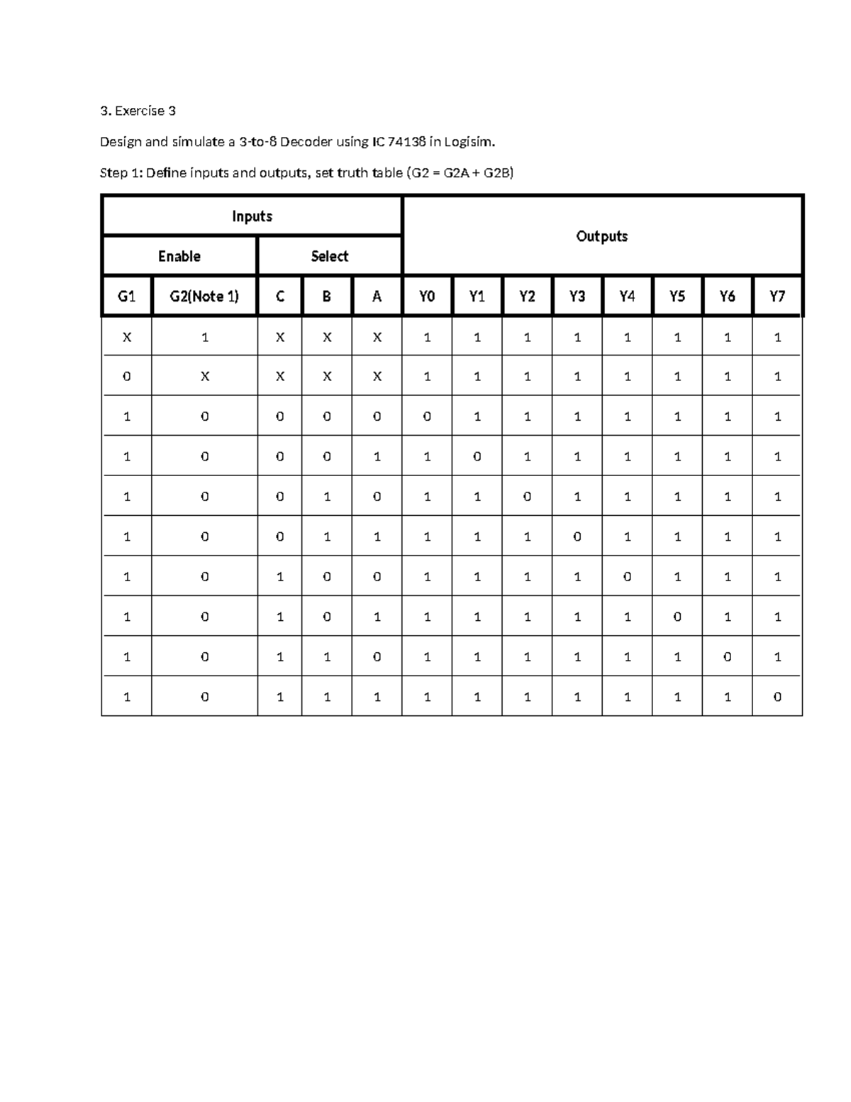 Excercise 3 - Lab - Exercise 3 Design and simulate a 3-to-8 Decoder using IC 74138 in Logisim ...