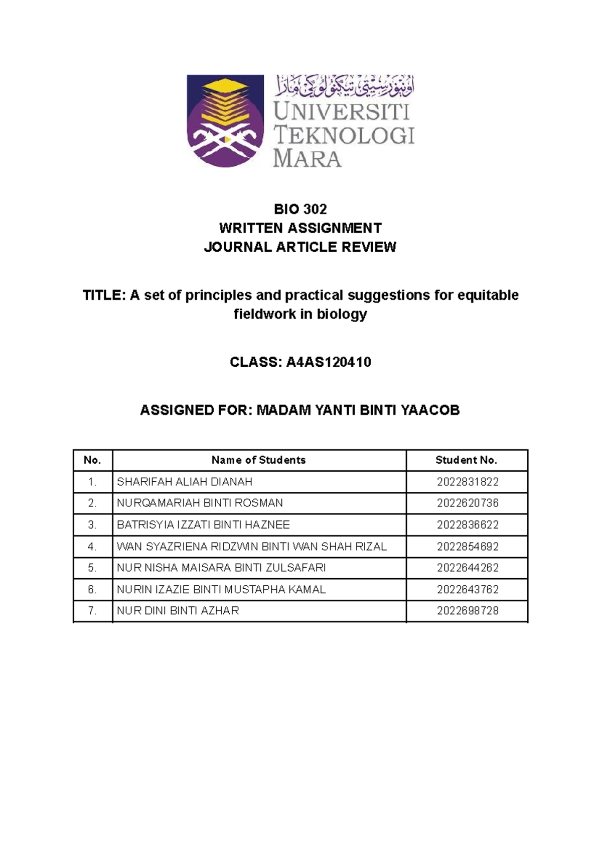 BIO302 JAR Draft 1 - dunno - BIO 302 WRITTEN ASSIGNMENT JOURNAL ARTICLE REVIEW TITLE: A set of ...