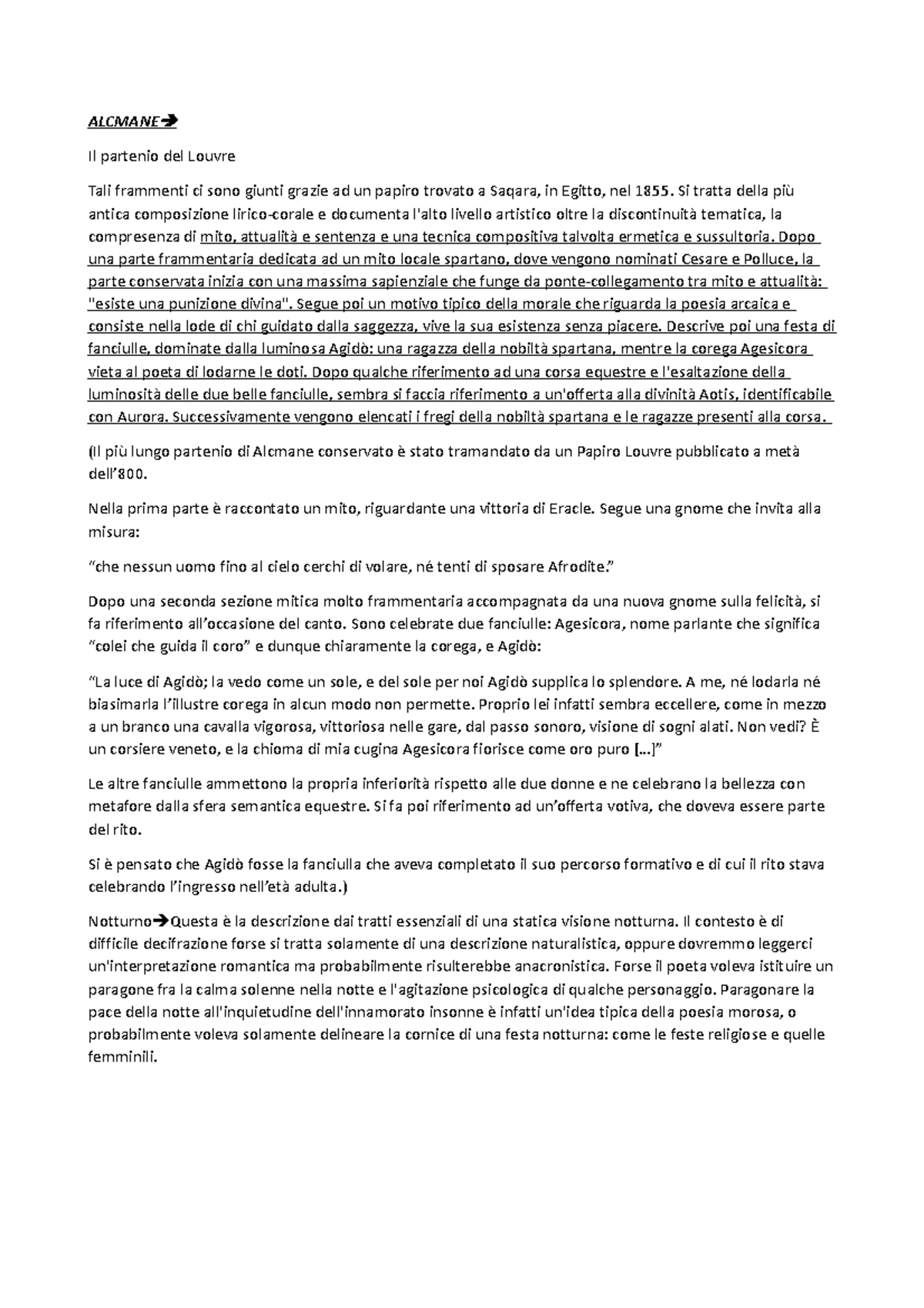 Alcmane - ALCMANE Il partenio del Louvre Tali frammenti ci sono giunti grazie ad un papiro ...