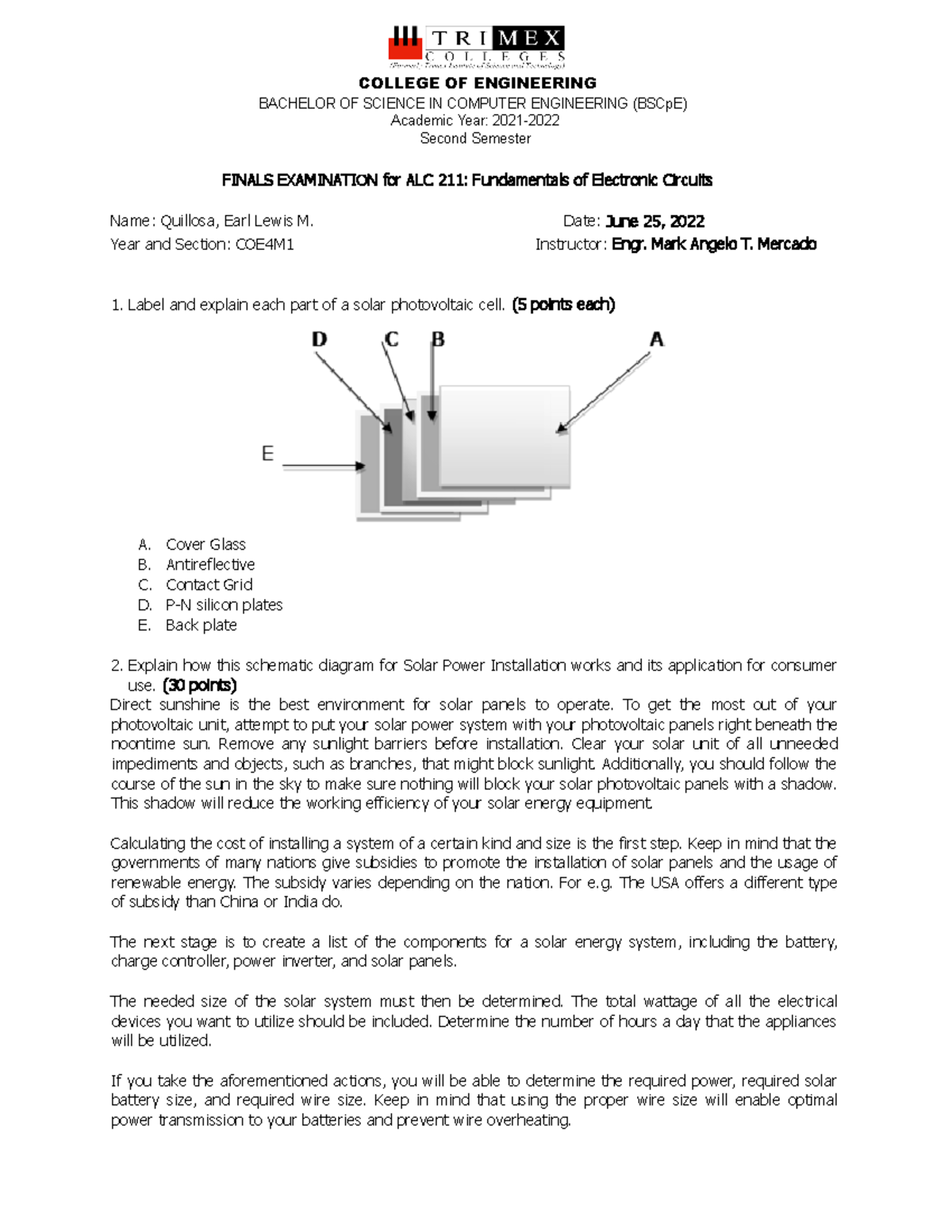 Quillosa ALC 221 Final Exam - COLLEGE OF ENGINEERING BACHELOR OF ...