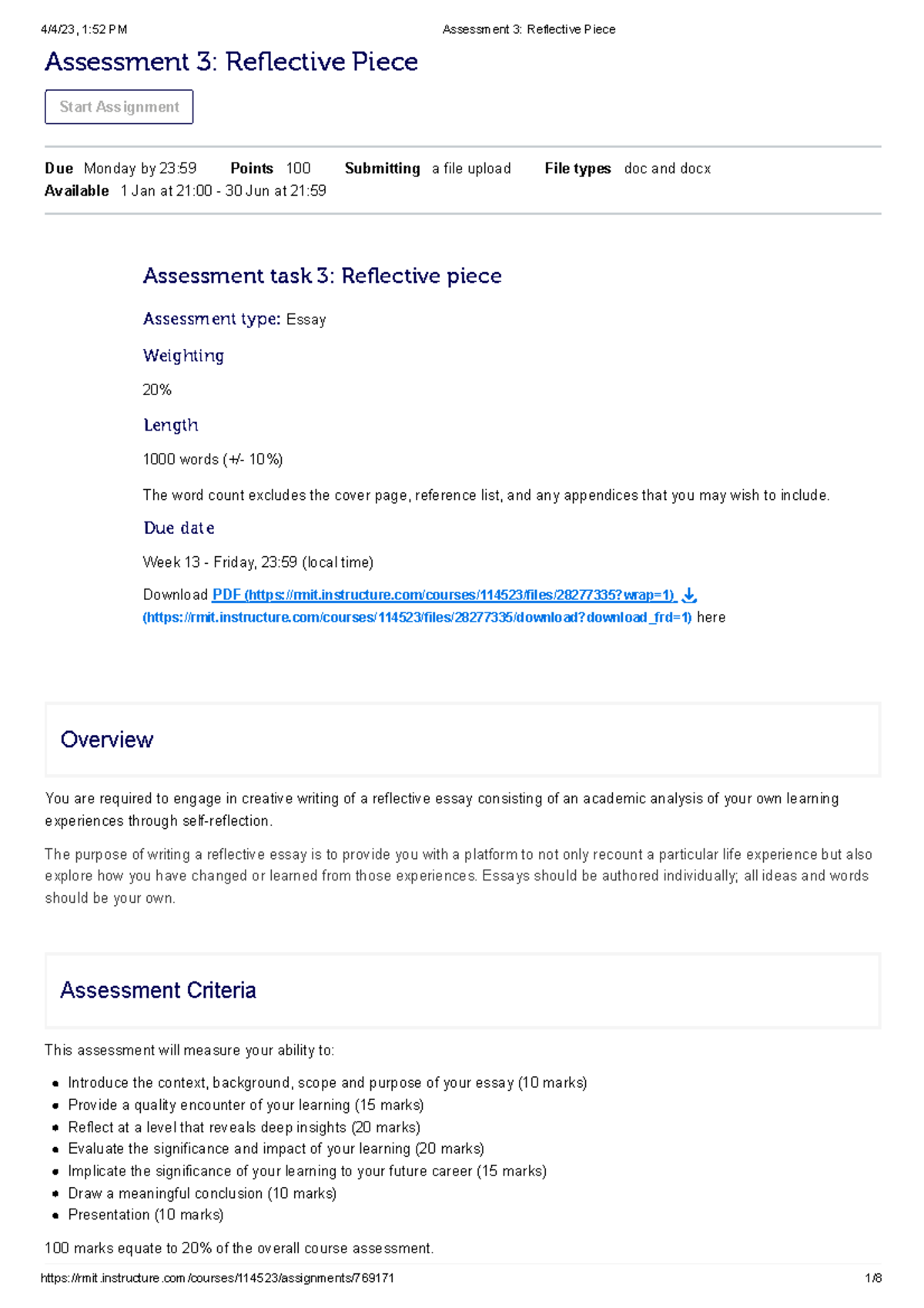 Assessment 3 Reflective Piece - Assessment 3: Reflective Piece Due ...