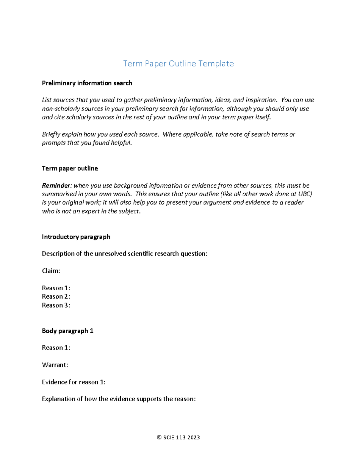 Term Paper Outline Template - © SCIE 113 2023 Term Paper Outline ...