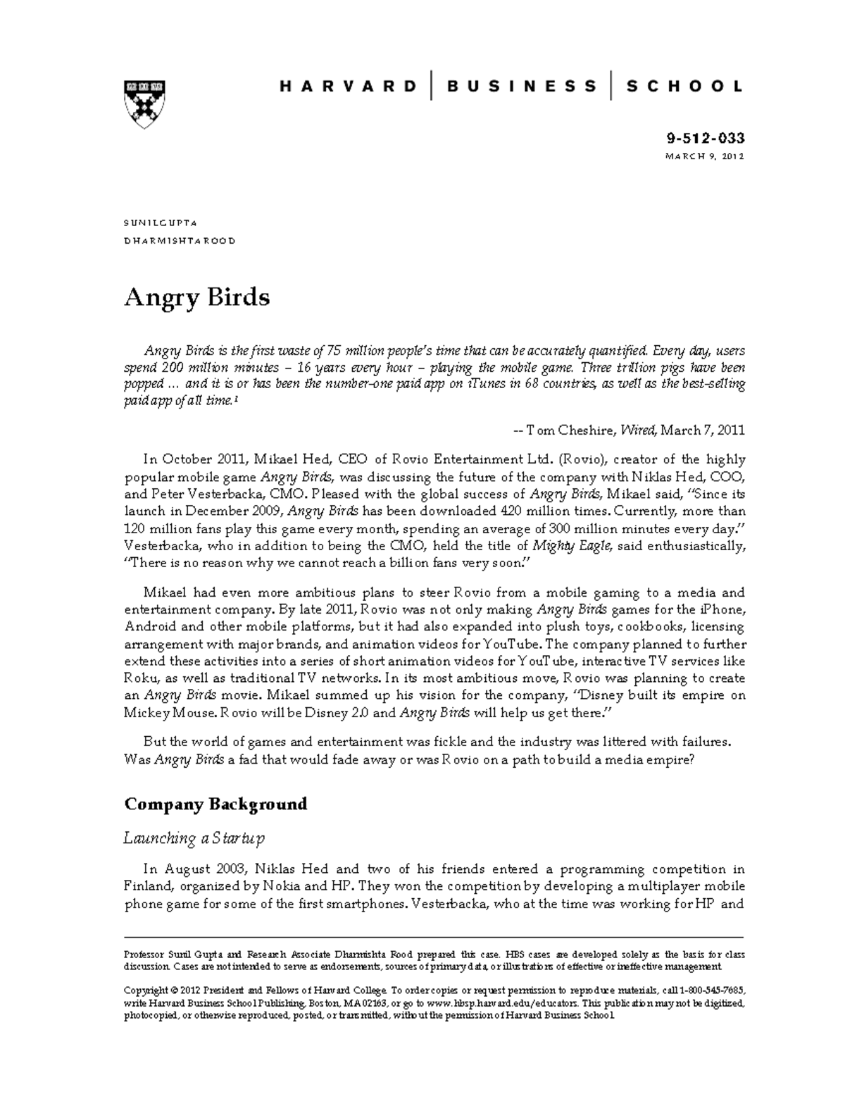 Angry Birds Case Study - 9 - 512 - 033 M A R C H 9 , 2 0 1 2 S U N I L ...