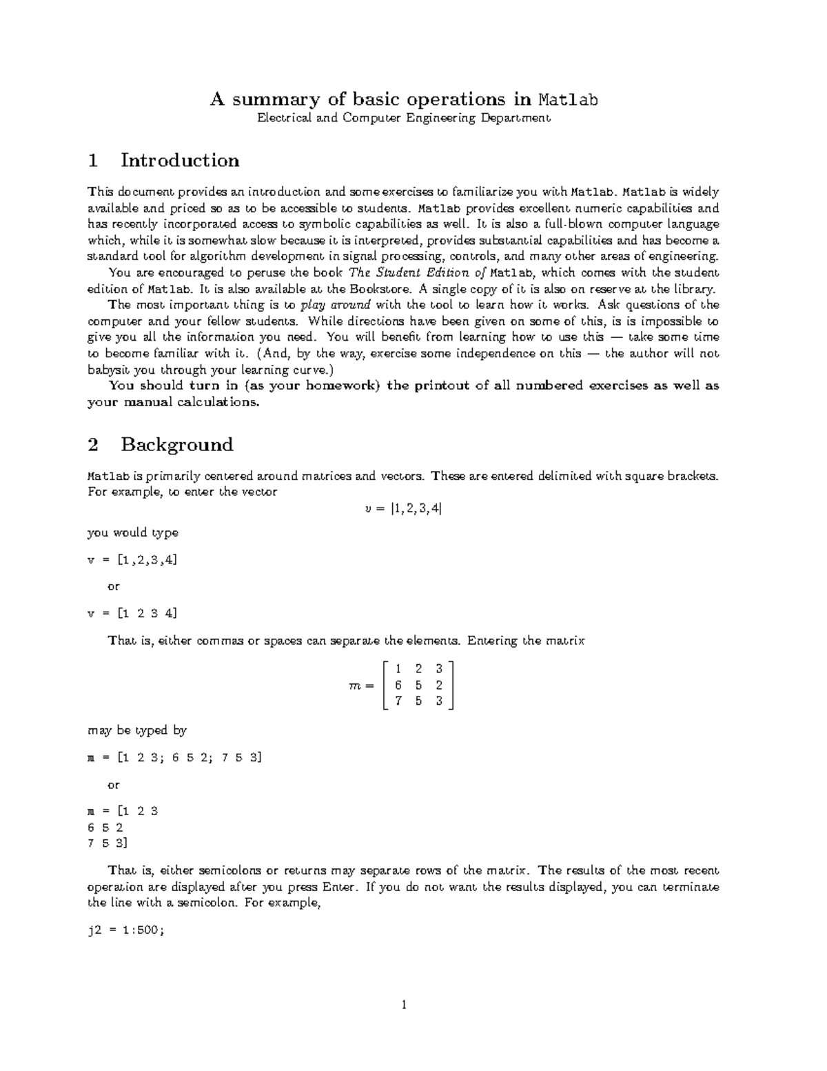 Notes A summary of basic opreations in Matlab - A summary of basic ...