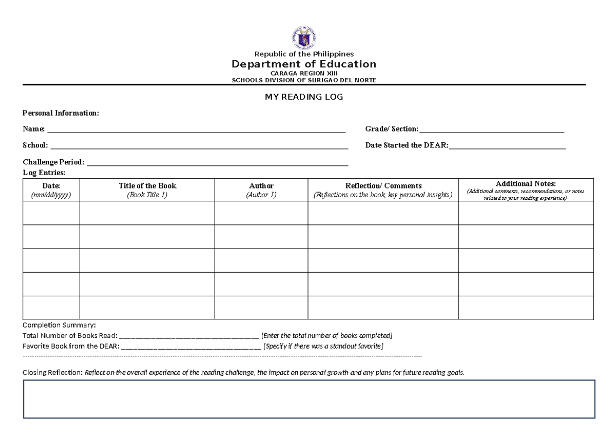 MY Reading LOG - Republic of the Philippines Department of Education ...