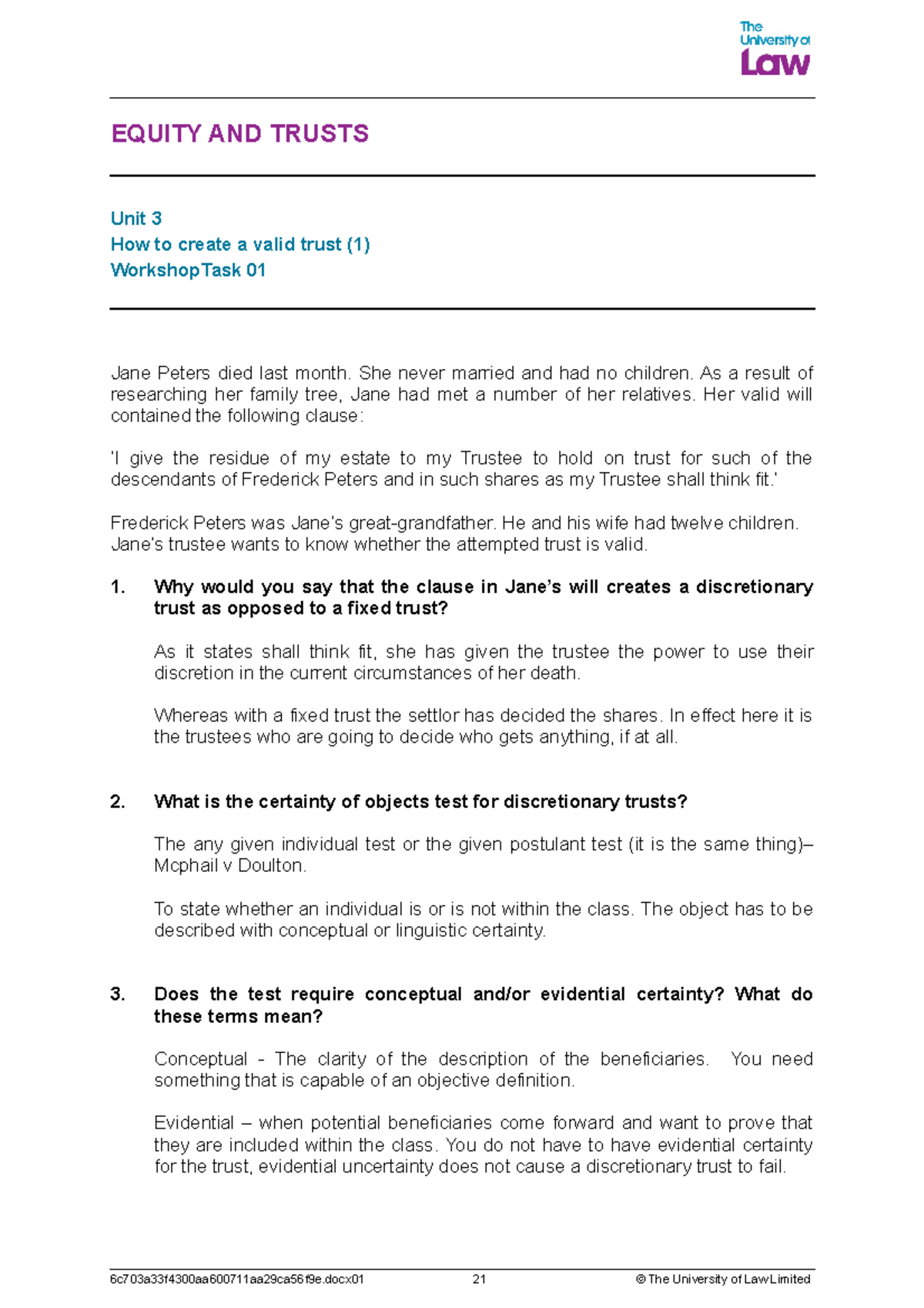 Workshop Task 1 - EQUITY AND TRUSTS Unit 3 How to create a valid trust (1) WorkshopTask 01 Jane ...