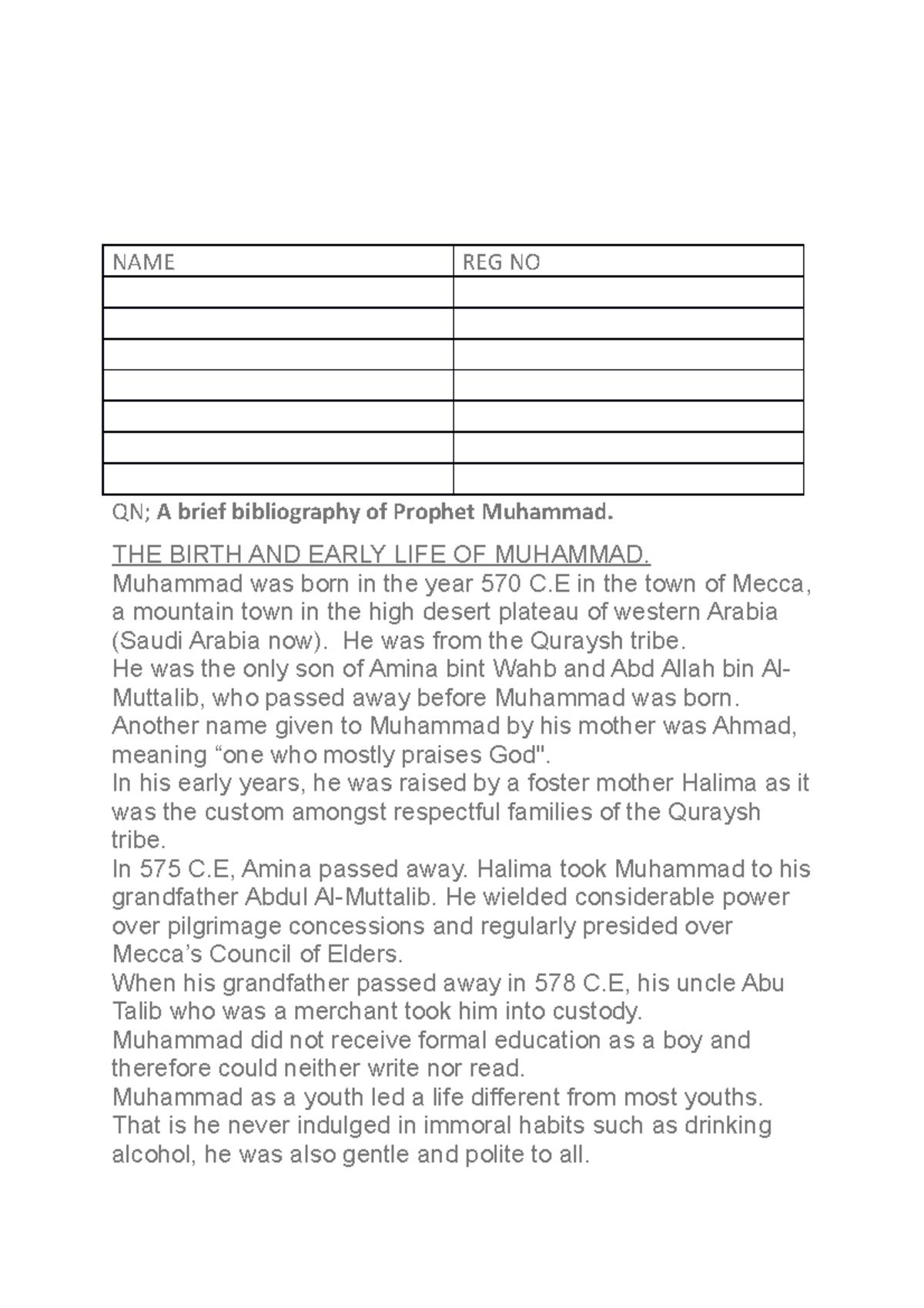 Brief bibliography of prophet Muhammad - THE BIRTH AND EARLY LIFE OF ...