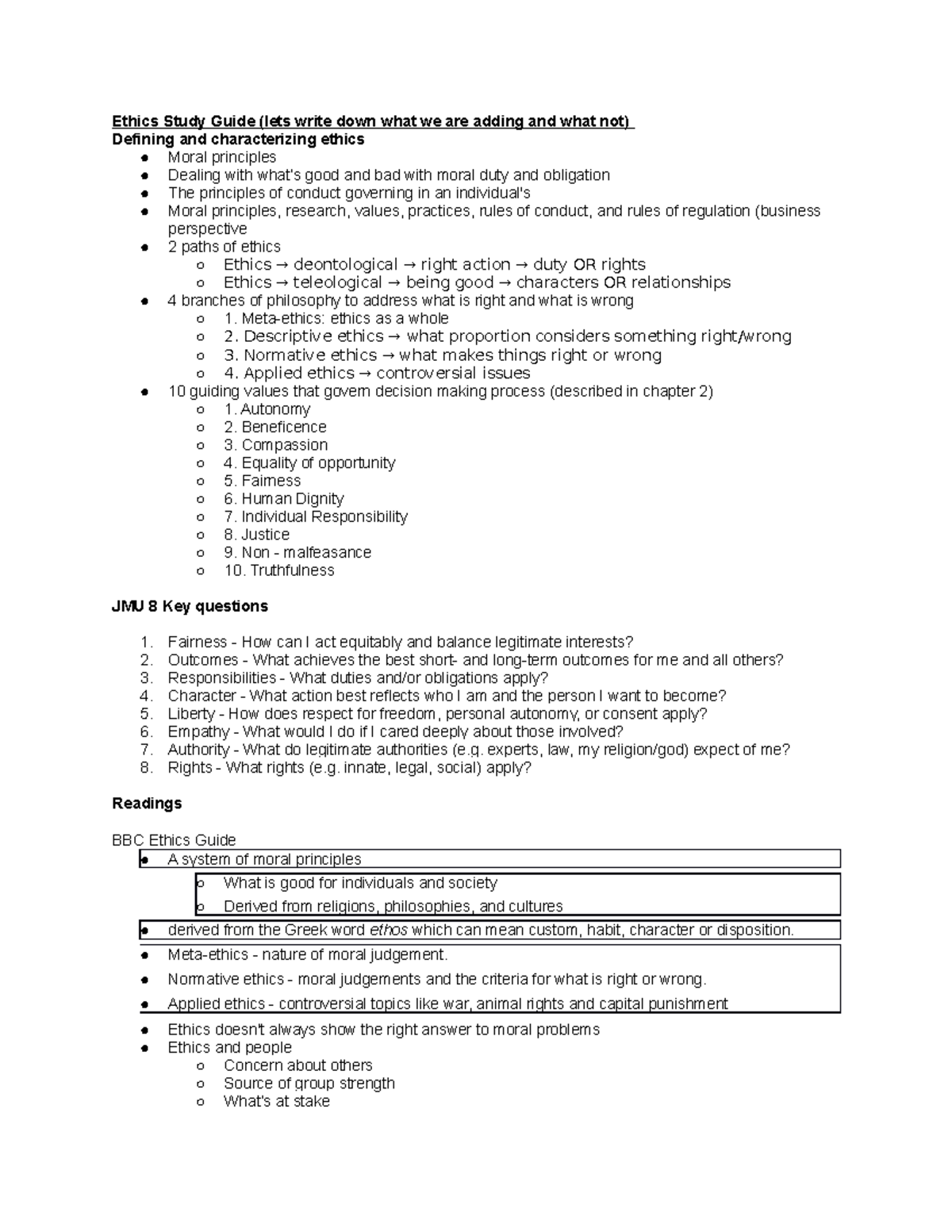 Ethics test 1 - Ethics Study Guide (lets write down what we are adding ...