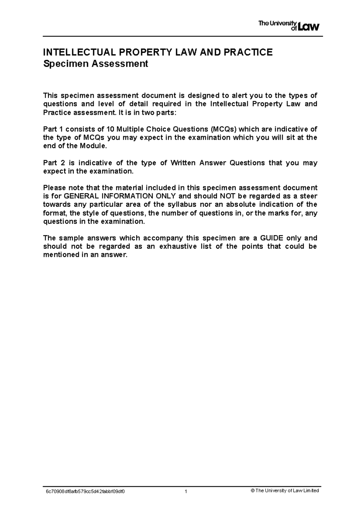 IP-Specimen Assessment - INTELLECTUAL PROPERTY LAW AND PRACTICE Specimen Assessment This ...