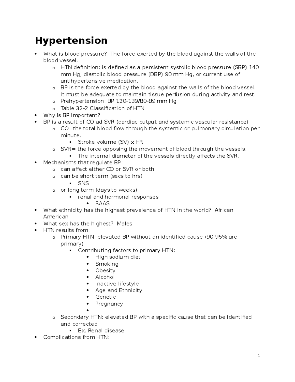 HTN Notes Student Version - Hypertension What is blood pressure? The ...