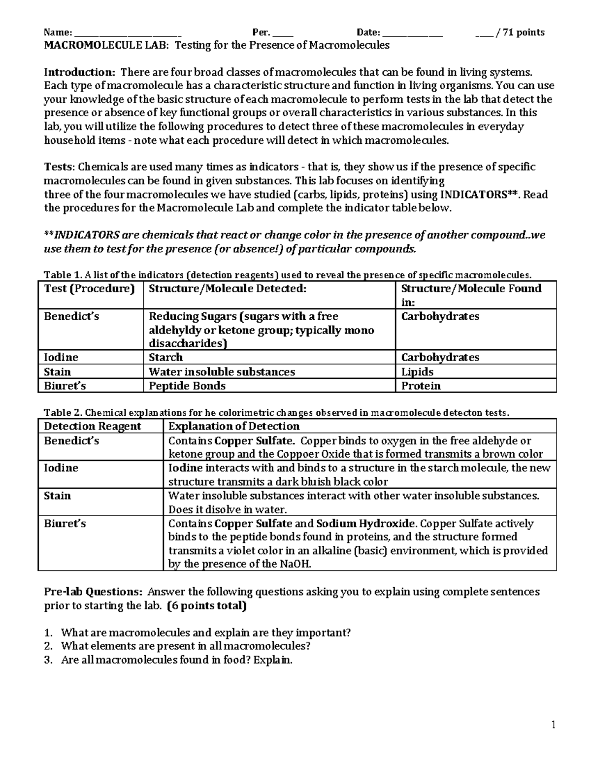 Macromoleculs Lab Testing - Name: ______________________________ Per ...