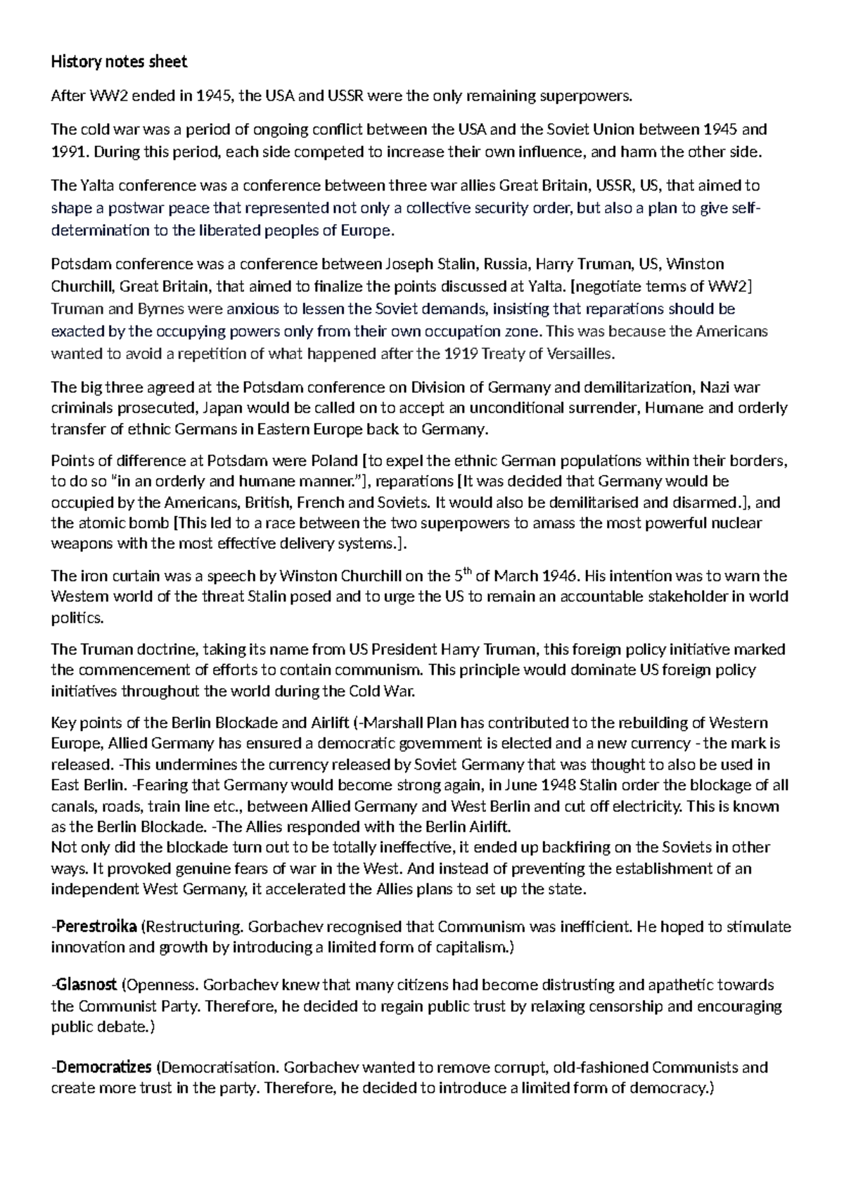 History notes sheet cold war - History notes sheet After WW2 ended in ...