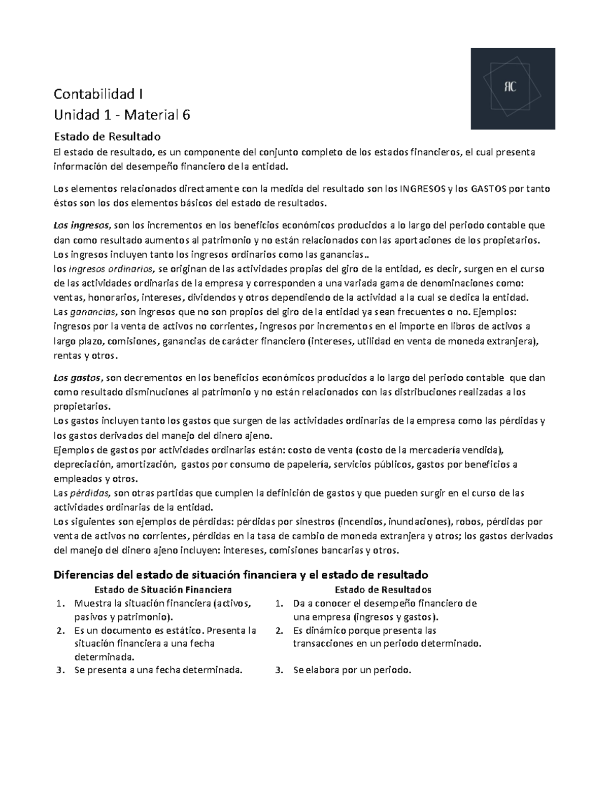 Estado de Resultado - Material 6 - Contabilidad I Unidad 1 - Material 6 ...