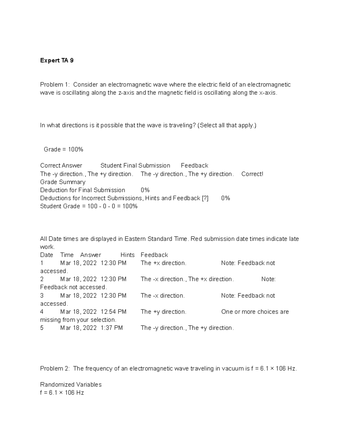 Expert TA 9 - Physics Homework Key - Expert TA 9 Problem 1: Consider an ...