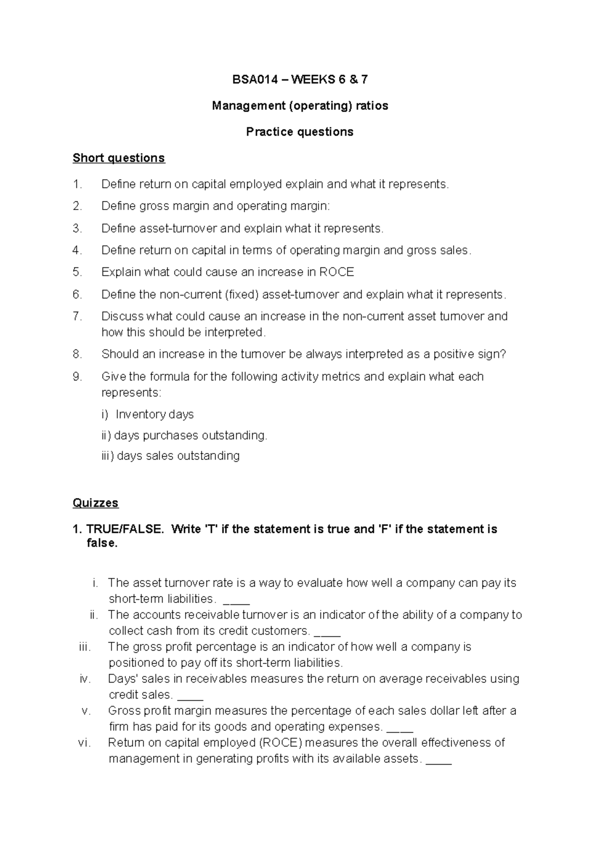 BSA014 practice questions weeks 67 - BSA014 – WEEKS 6 & 7 Management ...