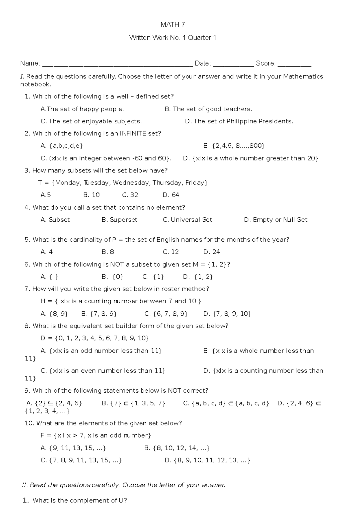 ST MATH 7 NO - ST MATH GUIDE - MATH 7 Written Work No. 1 Quarter 1 Name ...