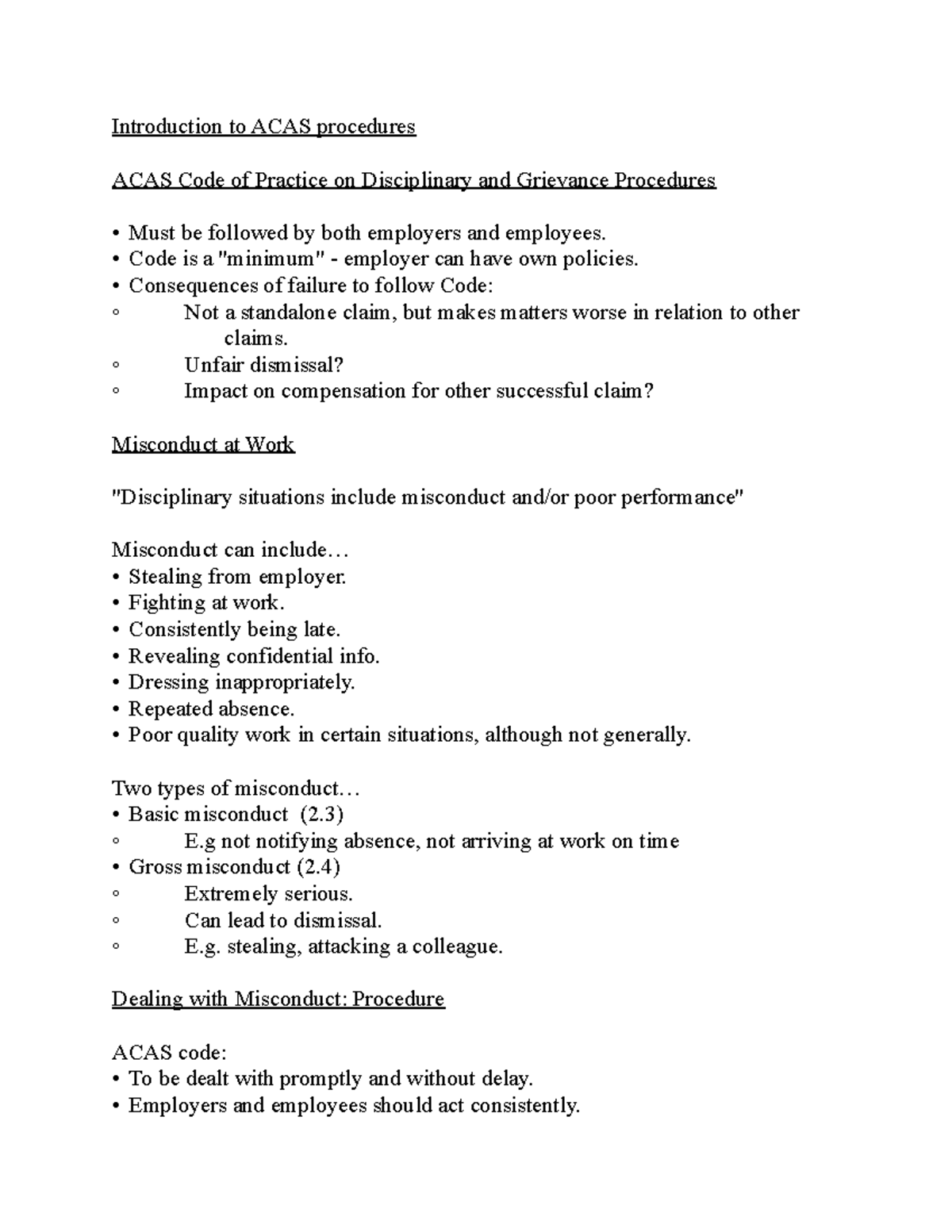 Introduction to ACAS procedures - Code is a "minimum" - employer can have own policies. - Studocu