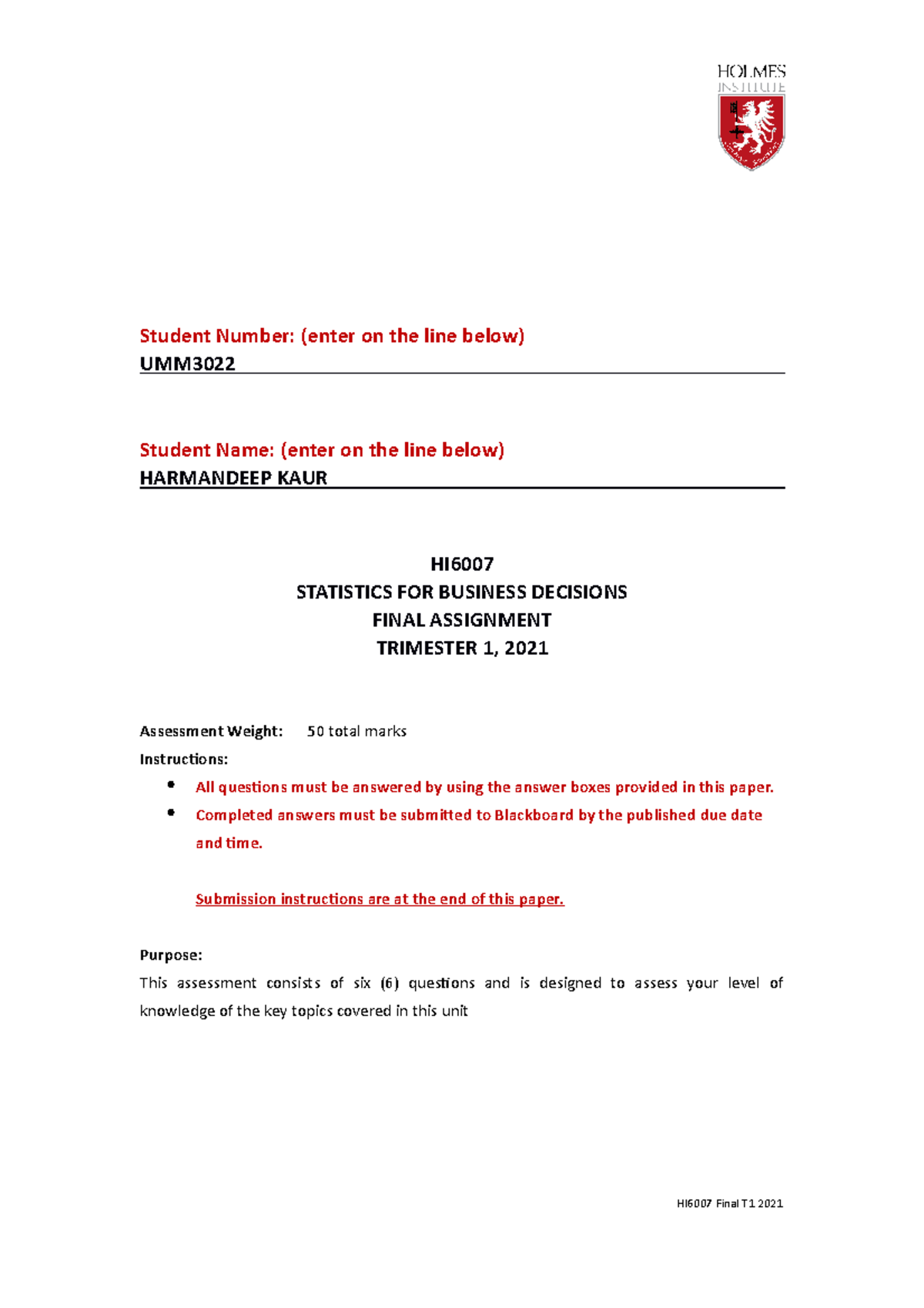 Umm3022 HI6007 stats - Student Number: (enter on the line below) UMM ...