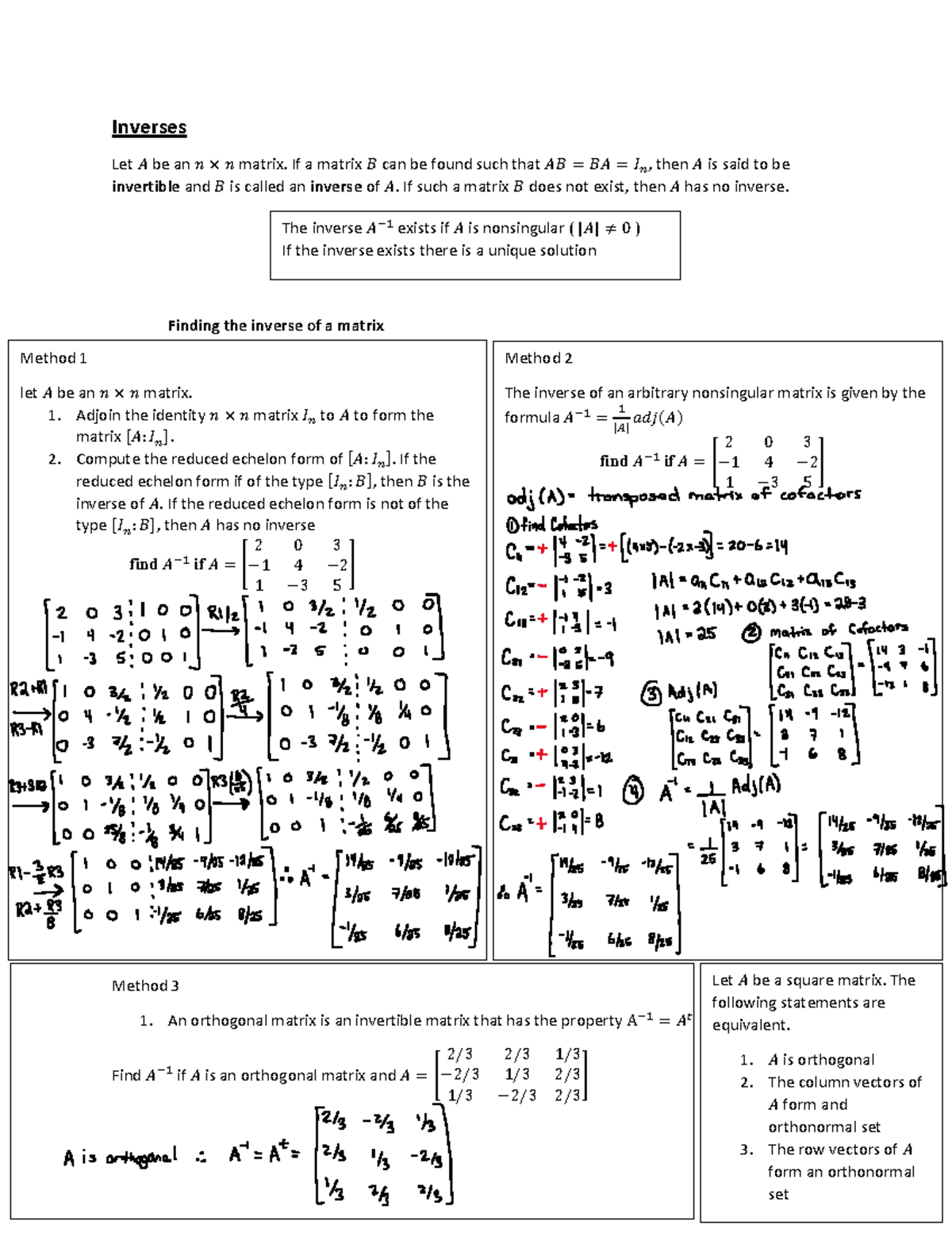 Algebra Exam Review pt2 - The inverse 𝐴 ି ଵ exists if 𝐴 is nonsingular ...