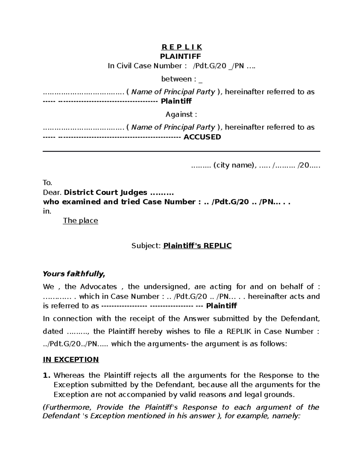 Legal Litigation - Class A - Examples of Replies and Duplicates - R E P ...