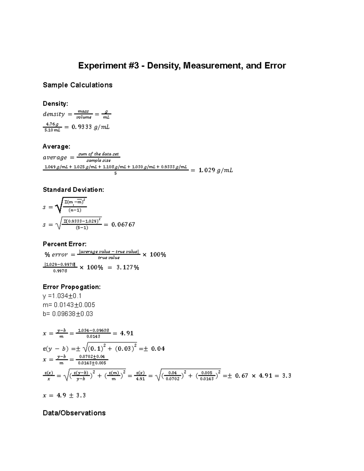 Experiment #3 Post Lab - Experiment #3 - Density, Measurement, and ...