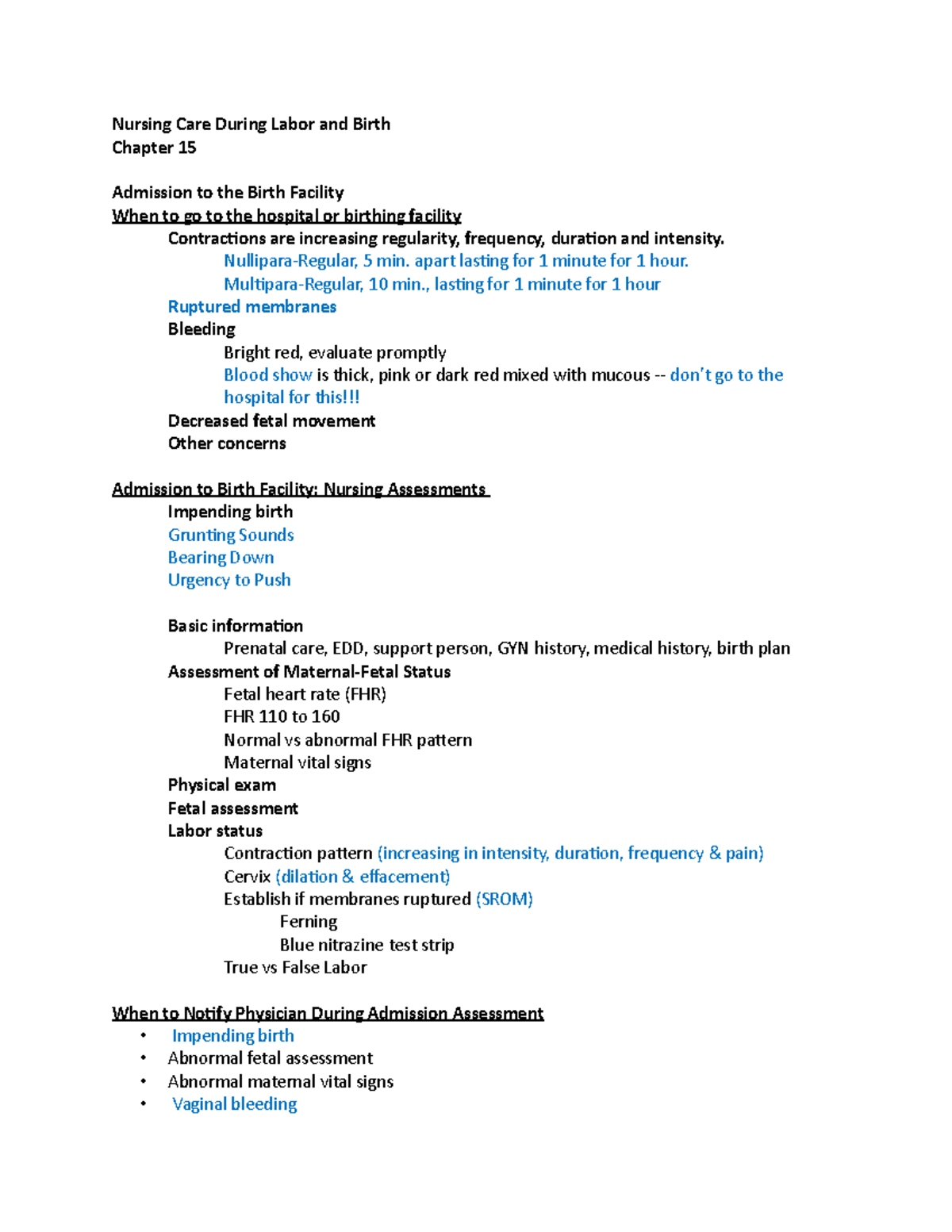 Chapter 15-16 Outline - Nursing Care During Labor and Birth Chapter 15 ...