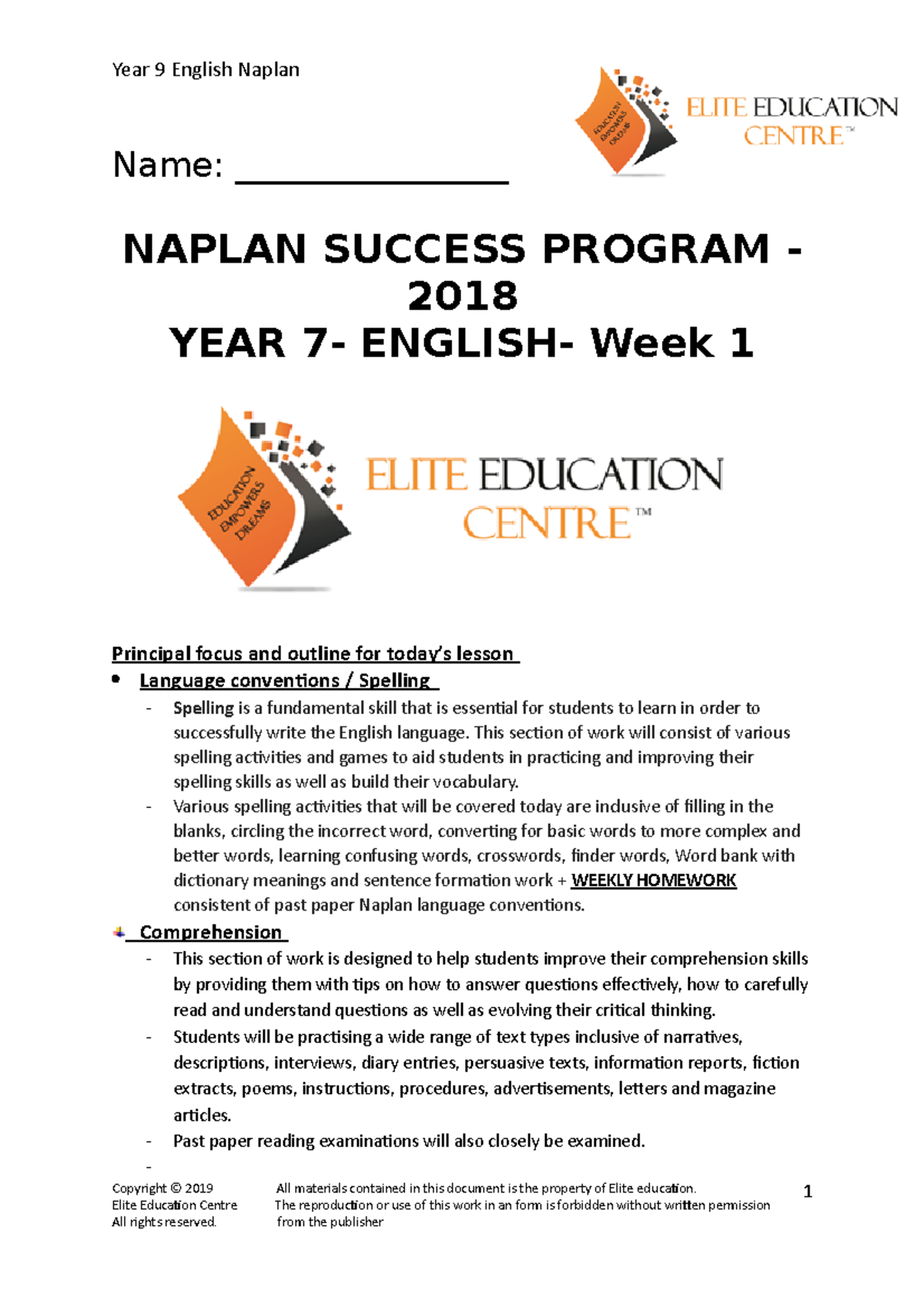 Naplan Year 9 English Booklet 2019 - Name: ________________ NAPLAN ...