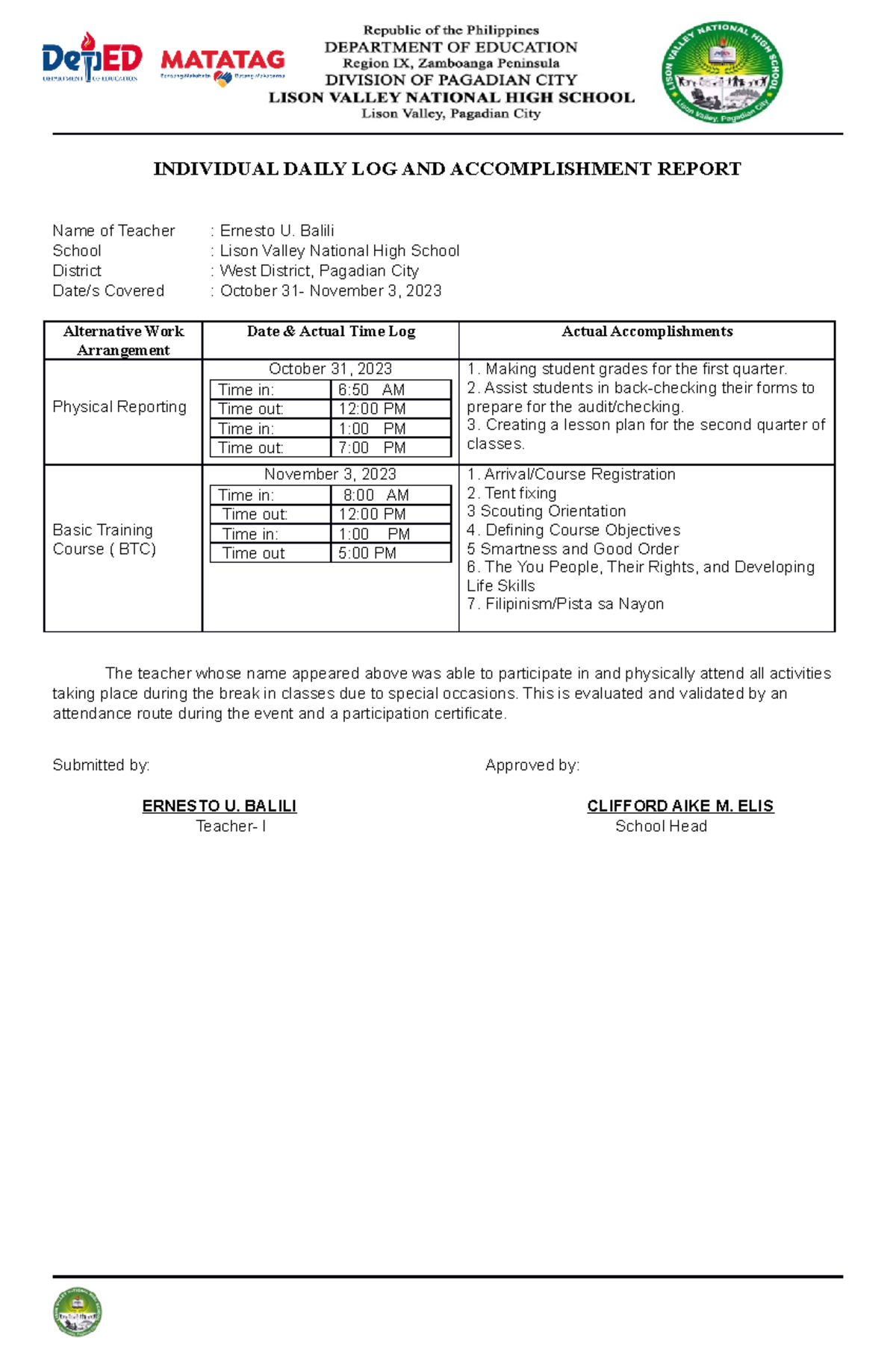 Idlar-1 - INDIVIDUAL DAILY LOG AND ACCOMPLISHMENT REPORT Name of ...