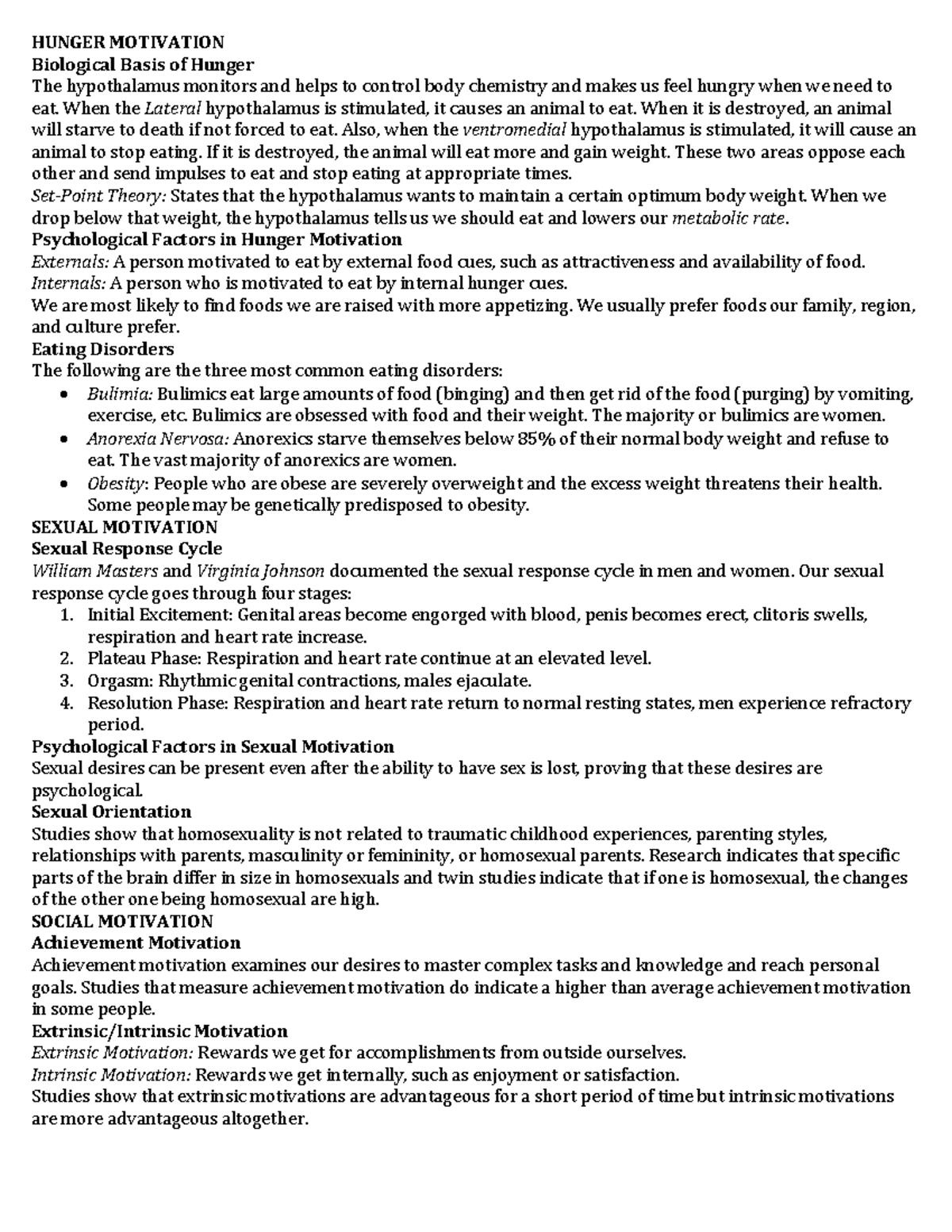 AP Psychology 20-20 - HUNGER MOTIVATION Biological Basis of Hunger The ...