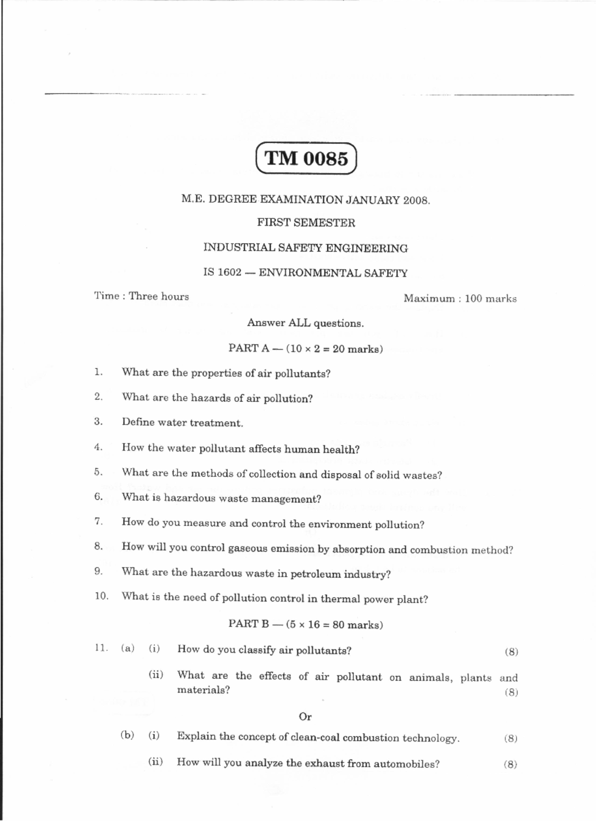 Environmental engineering previous year question papers - (T M 0 0 8 5 ...