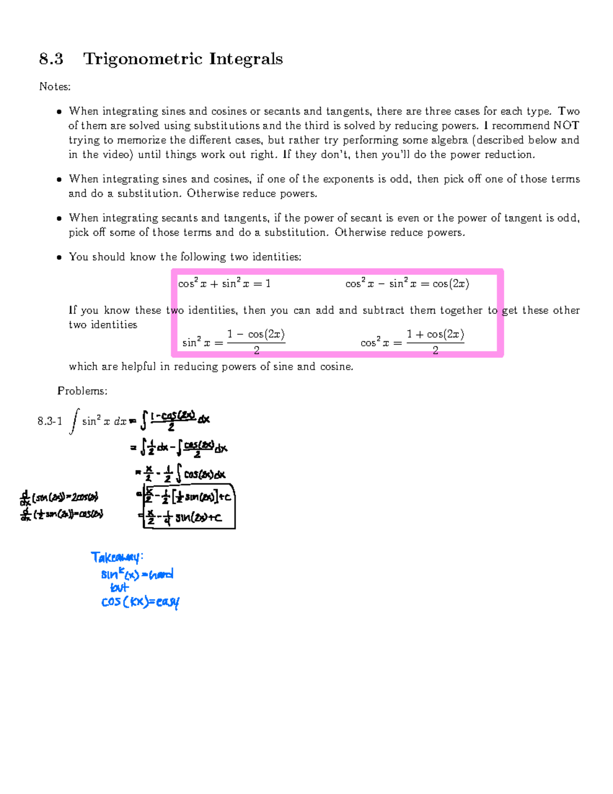Trig Integrals Lecture Notes - 8 Trigonometric Integrals Notes: - When ...