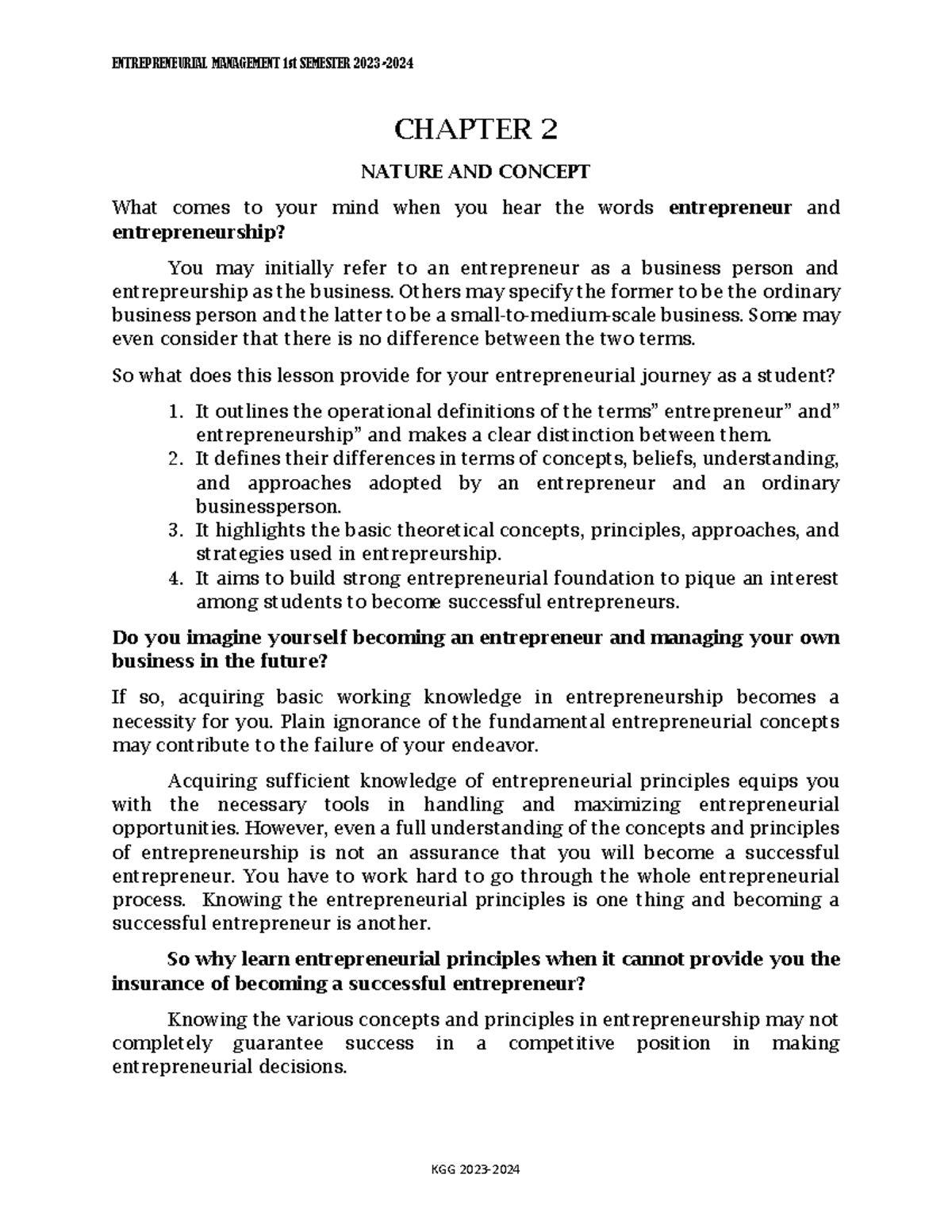 Entrepreneurial Management Module 2023 Chapter 1-7 - CHAPTER 2 NATURE ...