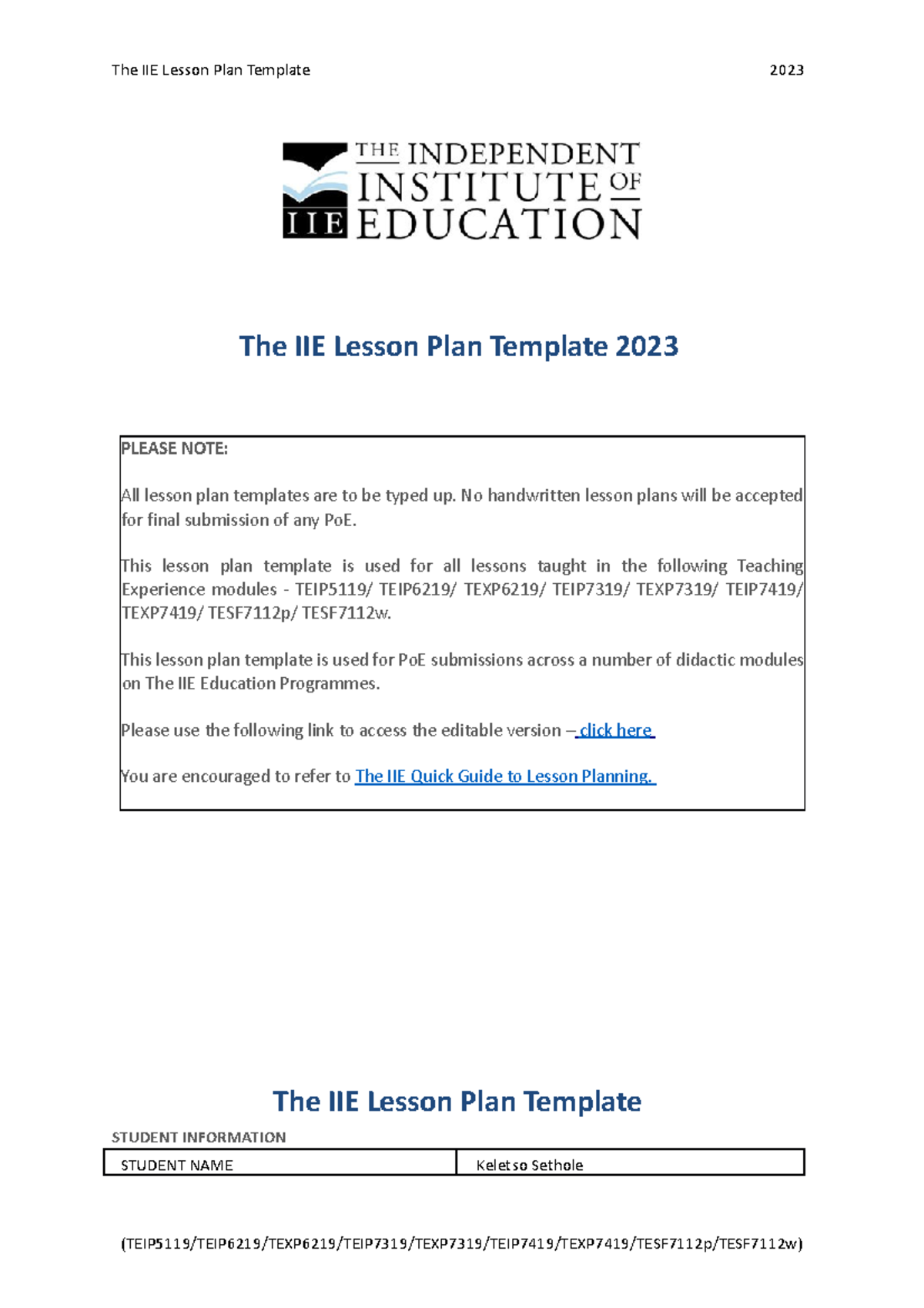 Natural science lesson plan - The IIE Lesson Plan Template 2023 PLEASE ...
