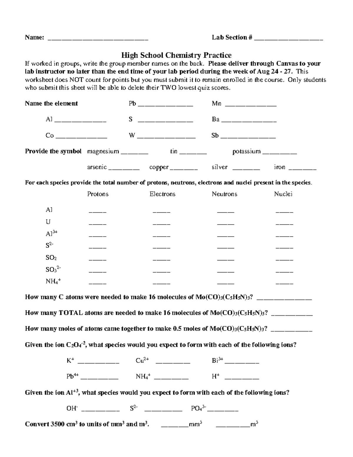 High School Chemistry Practice - PDF version 1 - Name ...