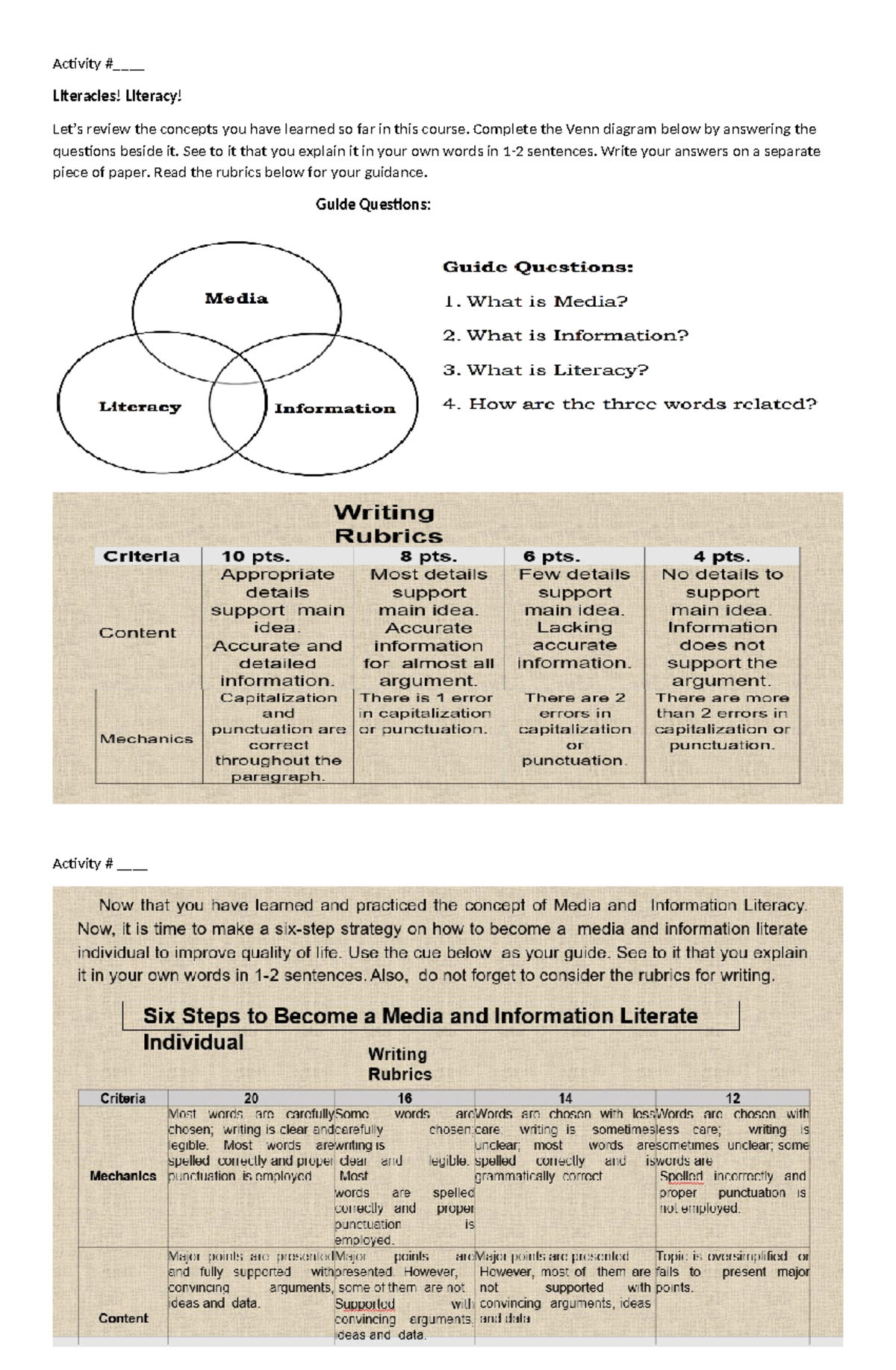Activity-4 - Media and Information Literacy - Activity #____ Literacies ...