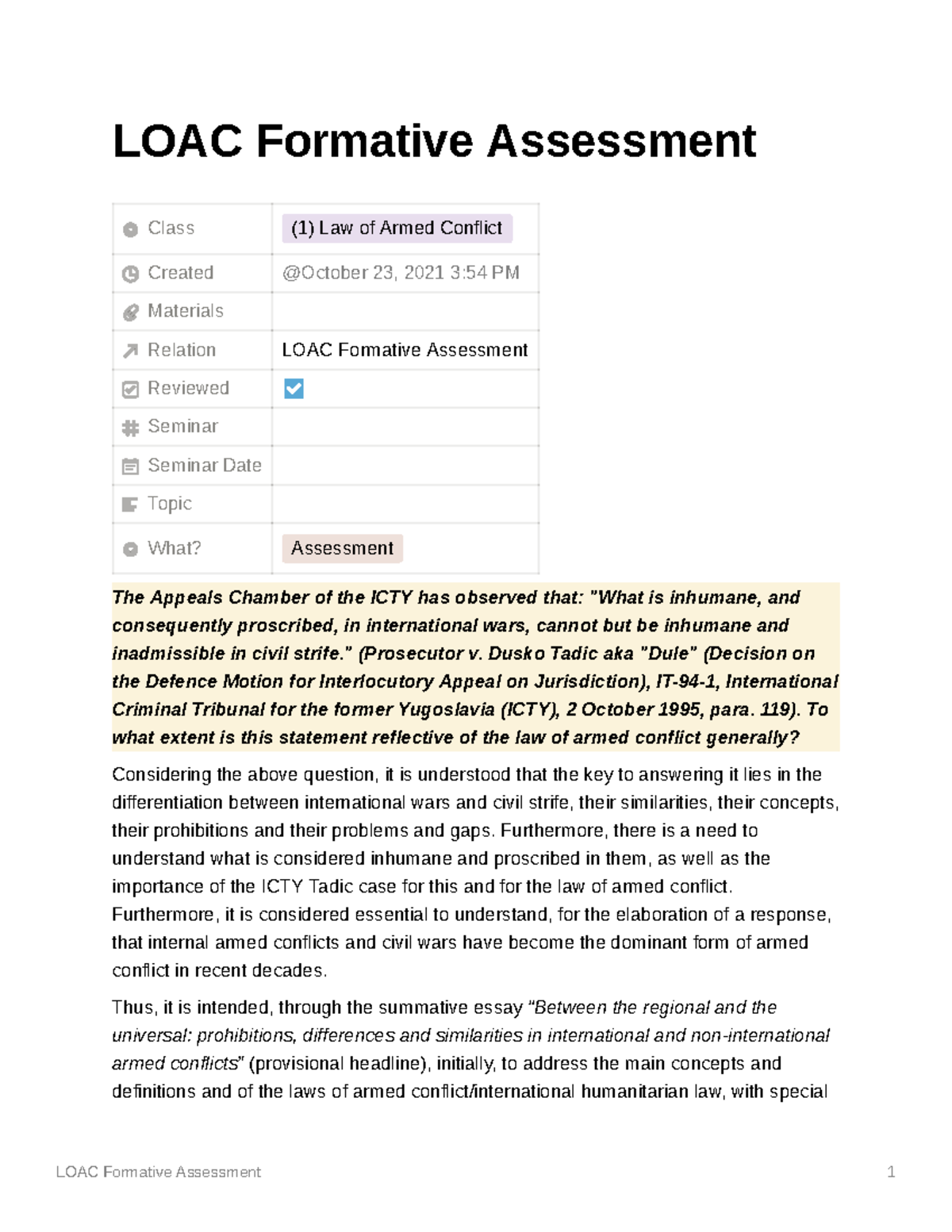 LOAC Formative Assessment - LAW5154 - Studocu