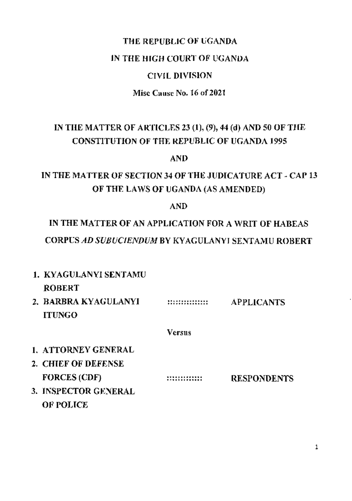 Hc civil division uganda 2021 1 - THE REPUBLIC OF UGANDA IN THE HIGH ...