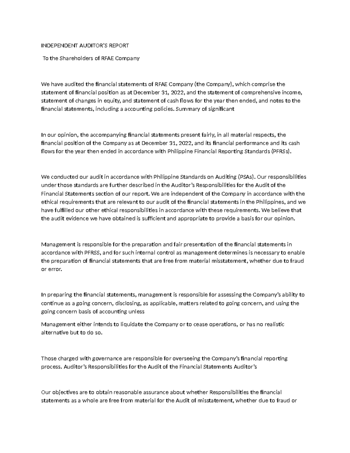 Audit CIS - INDEPENDENT AUDITOR’S REPORT To the Shareholders of RFAE ...