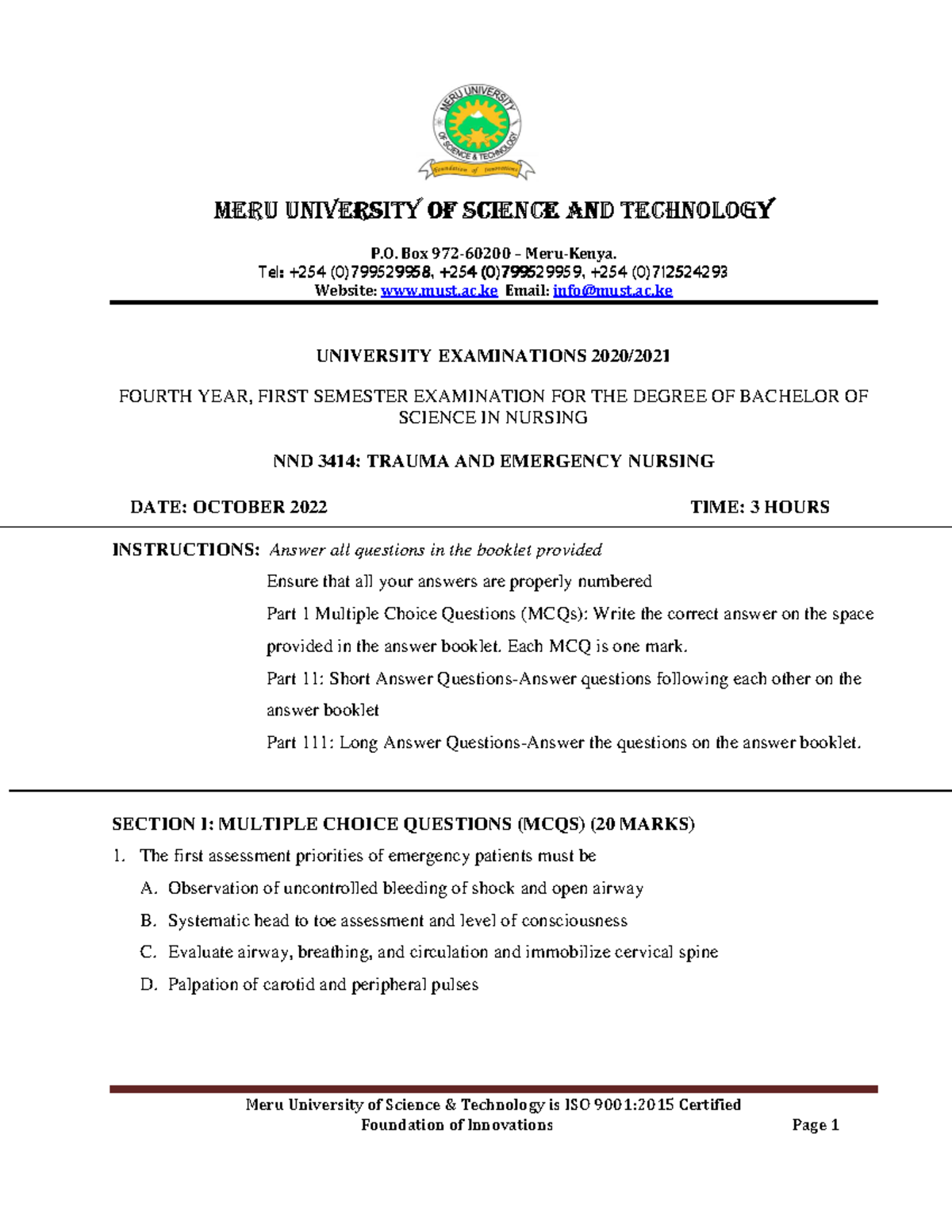 NND 3414 Trauma AND Emergency Nursing - Meru University of Science ...