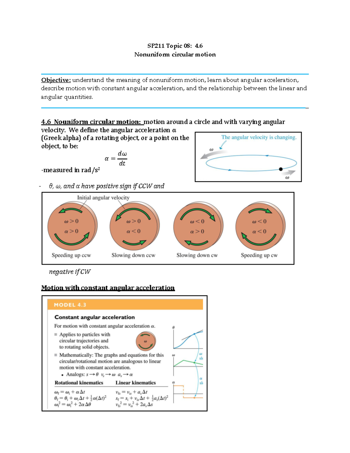 Topic 08 worksheet - SP211 Topic 08: 4. Nonuniform circular motion - Studocu