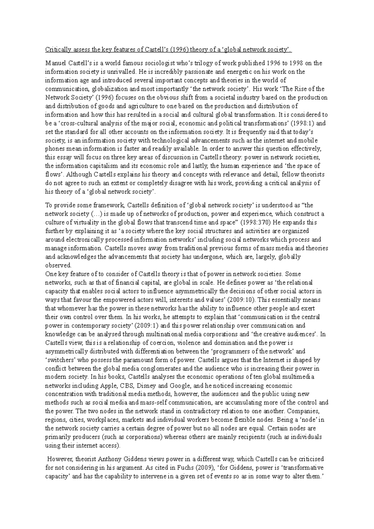 Castell Global Network Society essay - Critically assess the key ...