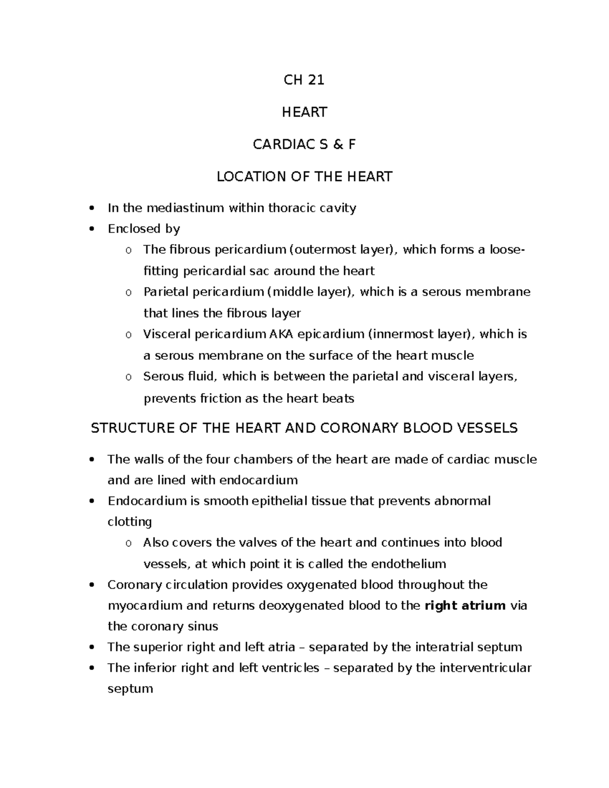 MS1CH 21 heart structure and function lecture notes - CH 21 HEART ...