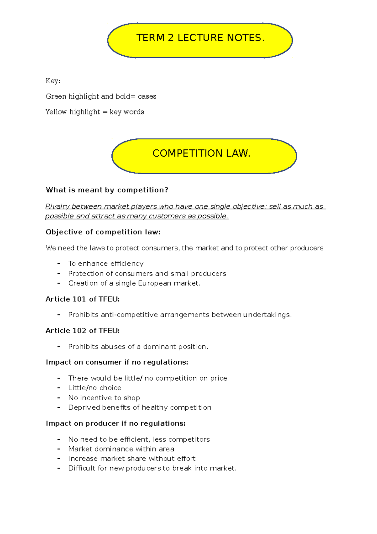 Term 2 lecture notes - Key: Green highlight and bold= cases Yellow ...