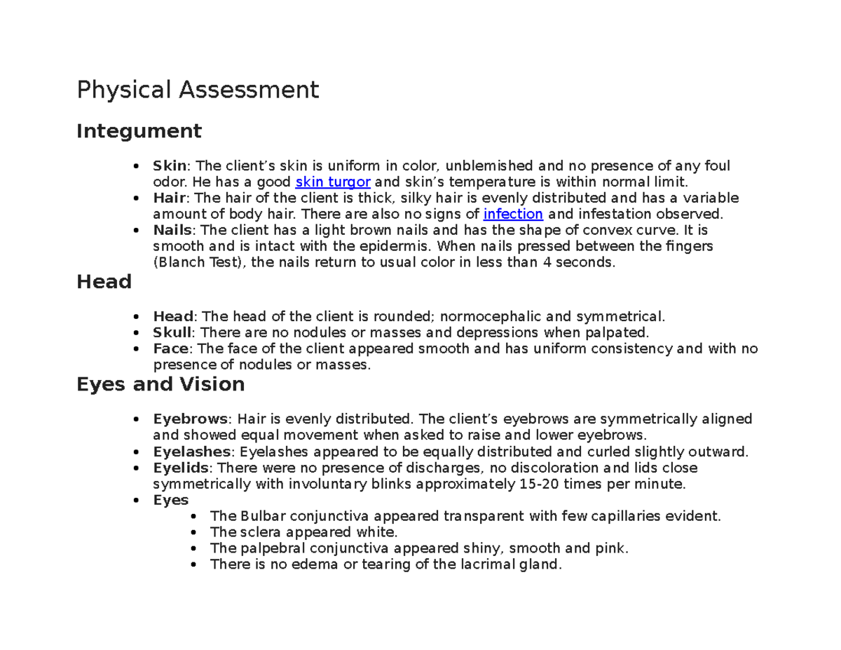 Physical Assessment Normal Objectives - Physical Assessment Integument ...