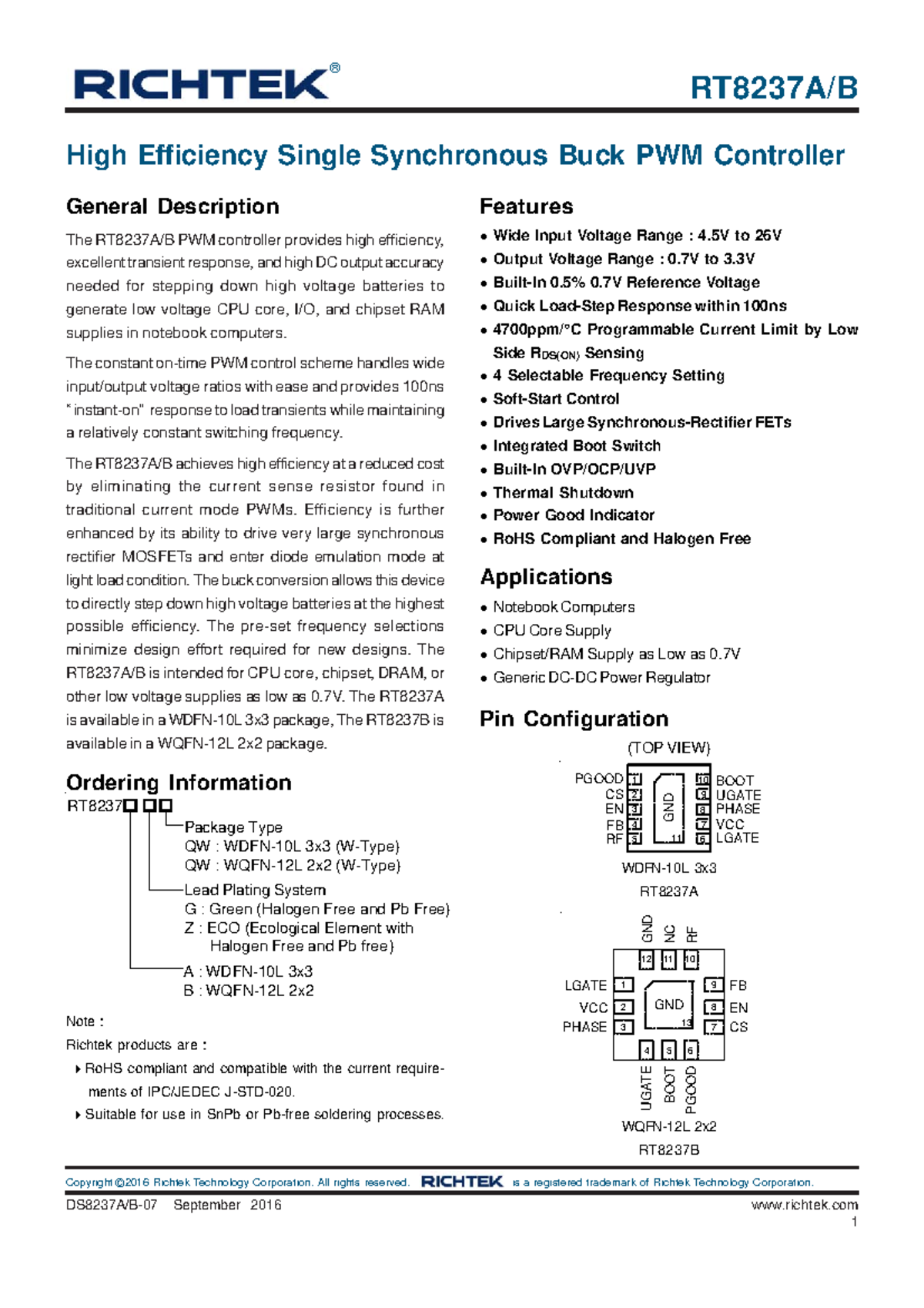 Richtek-RT8237AZQW-datasheet - RT8237A/B ® DS8237A/B-07 September 2016 richtek Copyright ©2016 ...