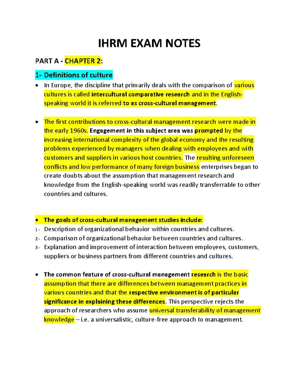IHRM EXAM Notes Chapter 2 Cross- Culture - IHRM EXAM NOTES PART A ...