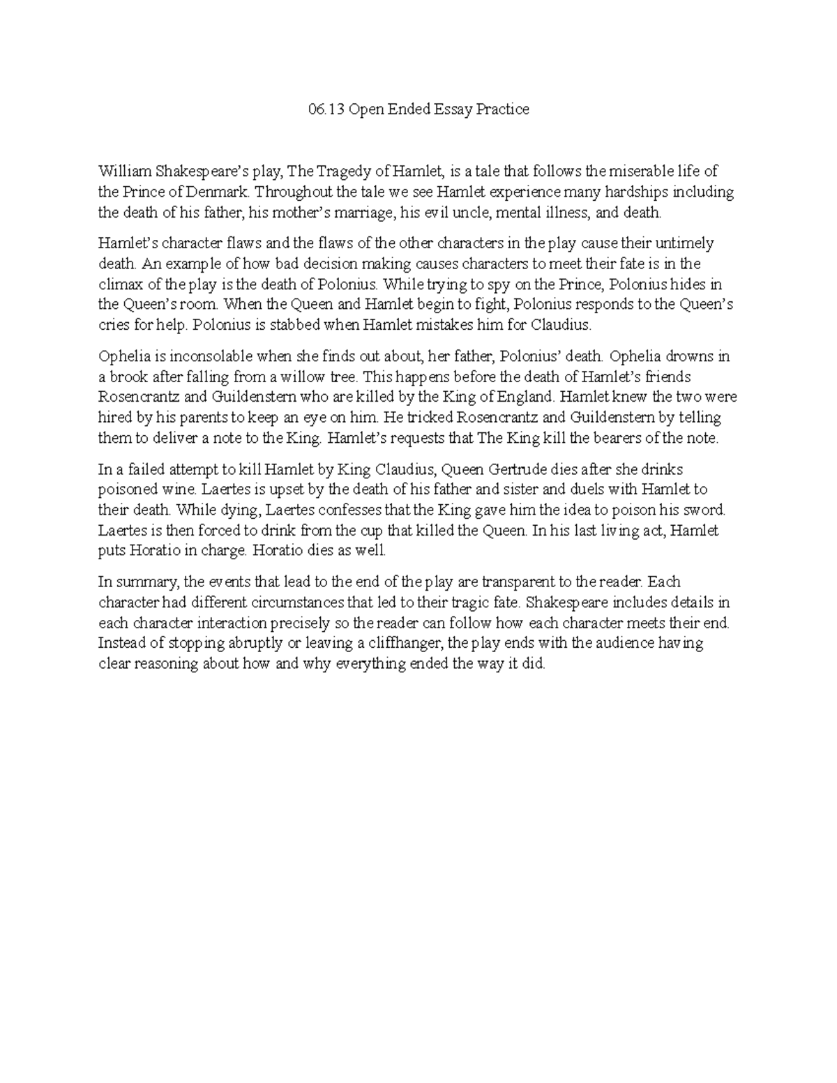 Revised Hamlet Essay - 06 Open Ended Essay Practice William Shakespeare ...